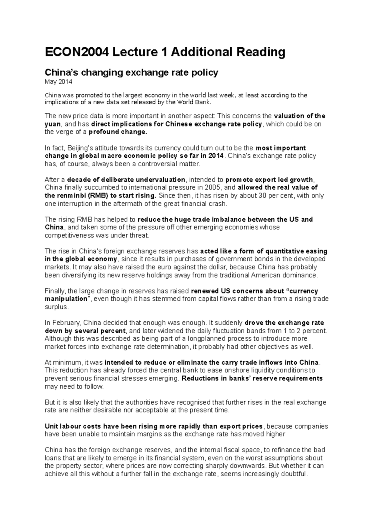 ECON2004 Term 2 Lecture 1 Additional Reading - ECON2004 Lecture 1 Additional Reading China’s ...