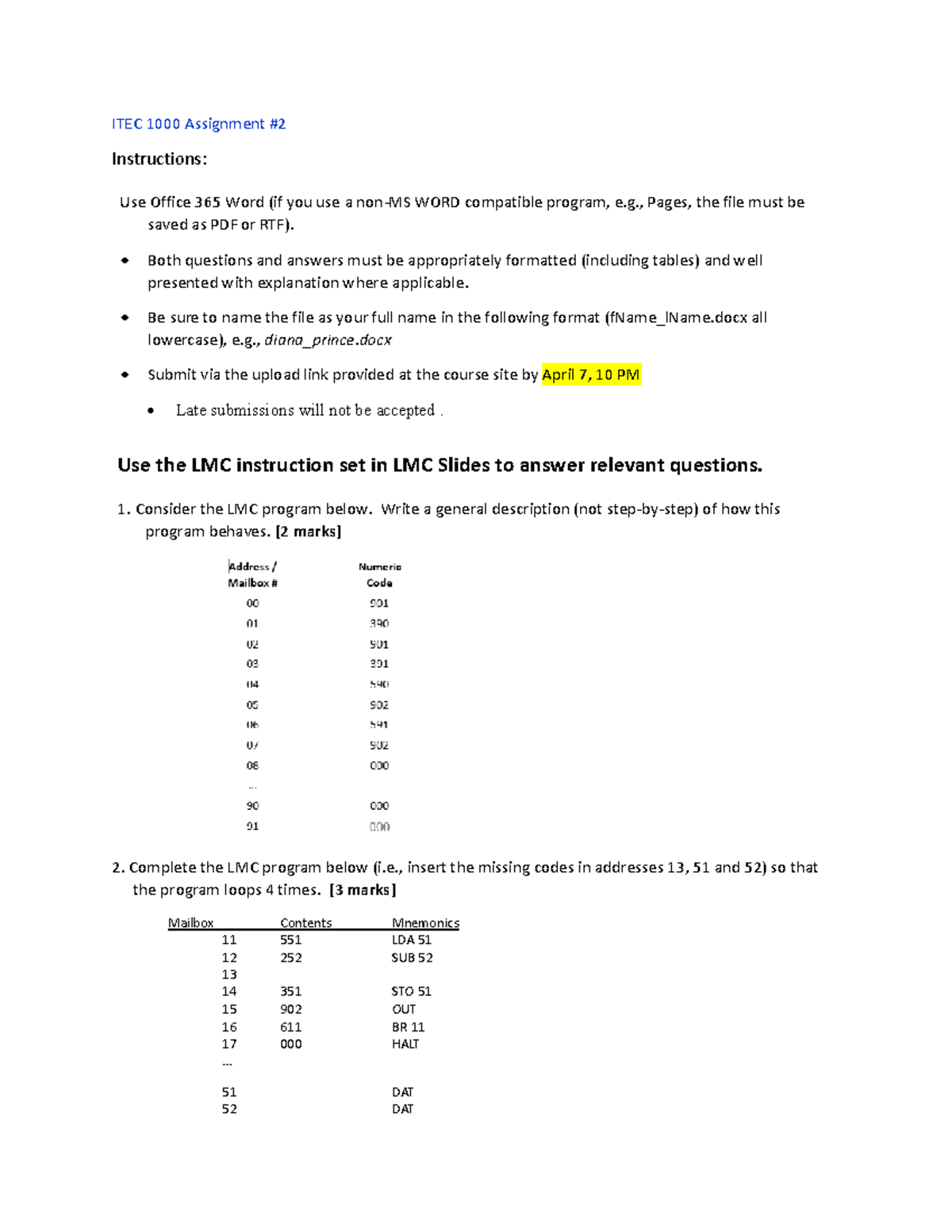 A2N-se - Assignment 2 - ITEC 1000 Assignment # Instructions: Use Office 365 Word (if you use a ...