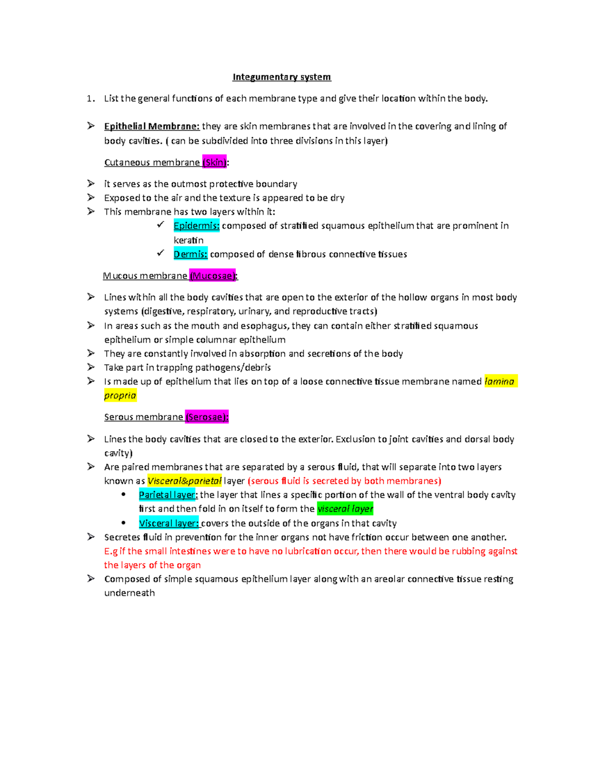 Integumentary system - Summary Anatomy - Integumentary system List the ...