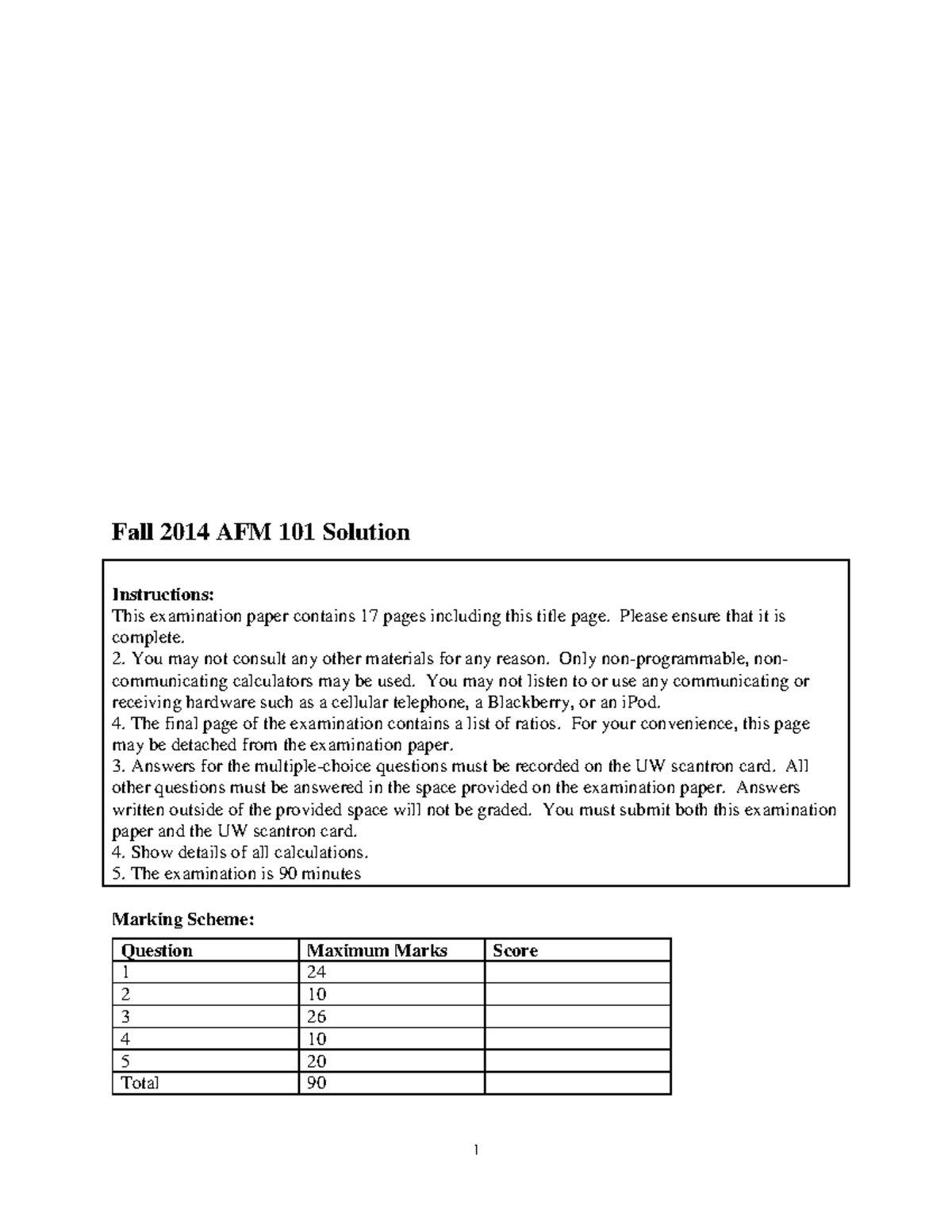 Midterm Final 2014, answers - Fall 2014 AFM 101 Solution Instructions ...