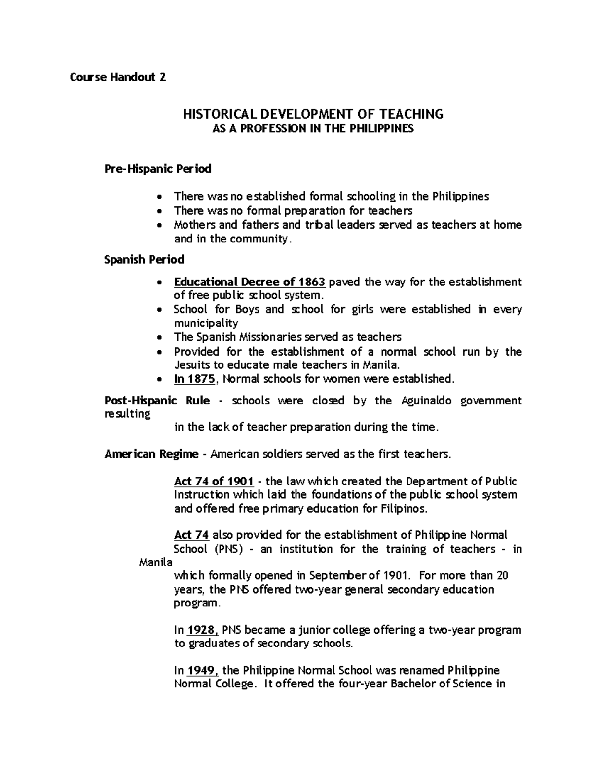 Historical Development OF Teaching - Course Handout 2 HISTORICAL ...