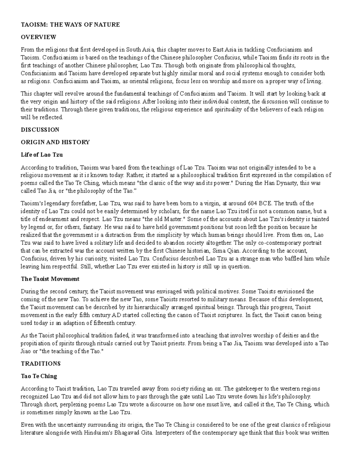 MODULE 4 TAOISM RELIGION - TAOISM: THE WAYS OF NATURE OVERVIEW From the ...