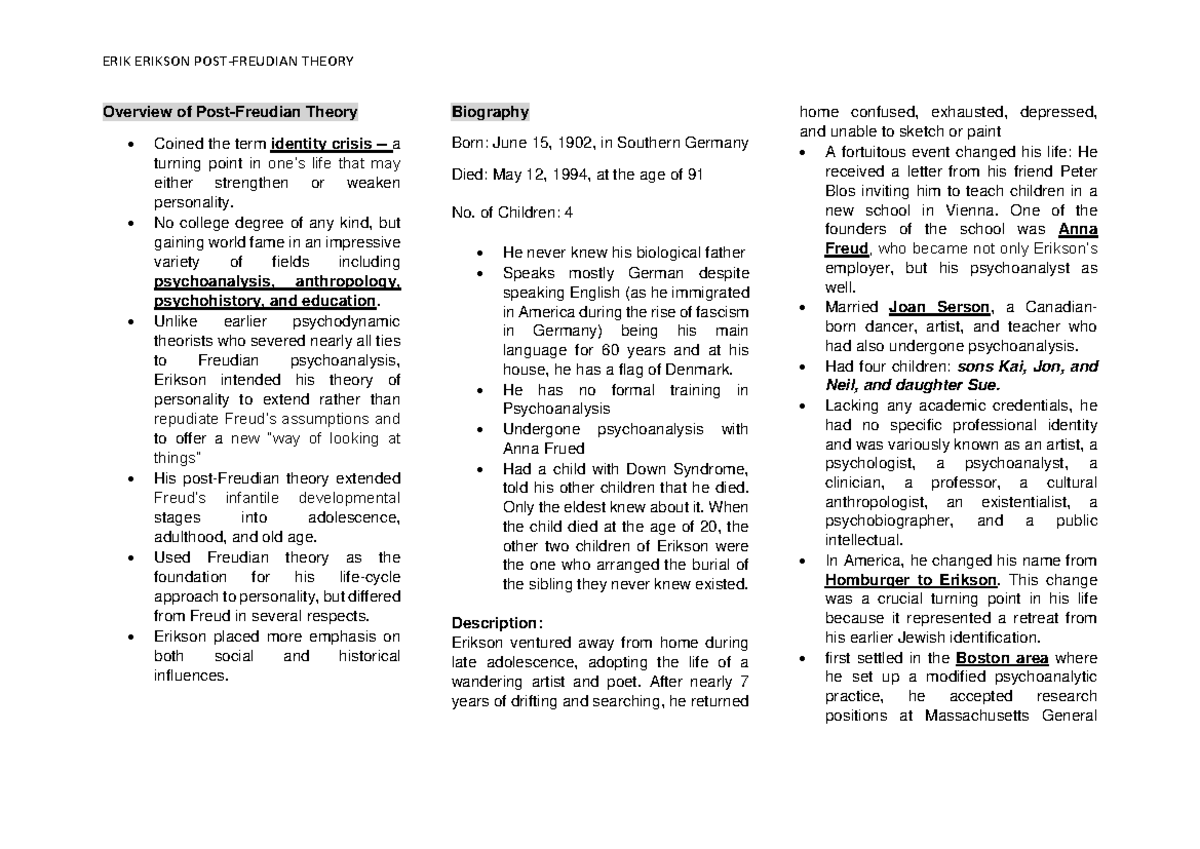 Erik Erikson - study material - Overview of Post-Freudian Theory Coined ...