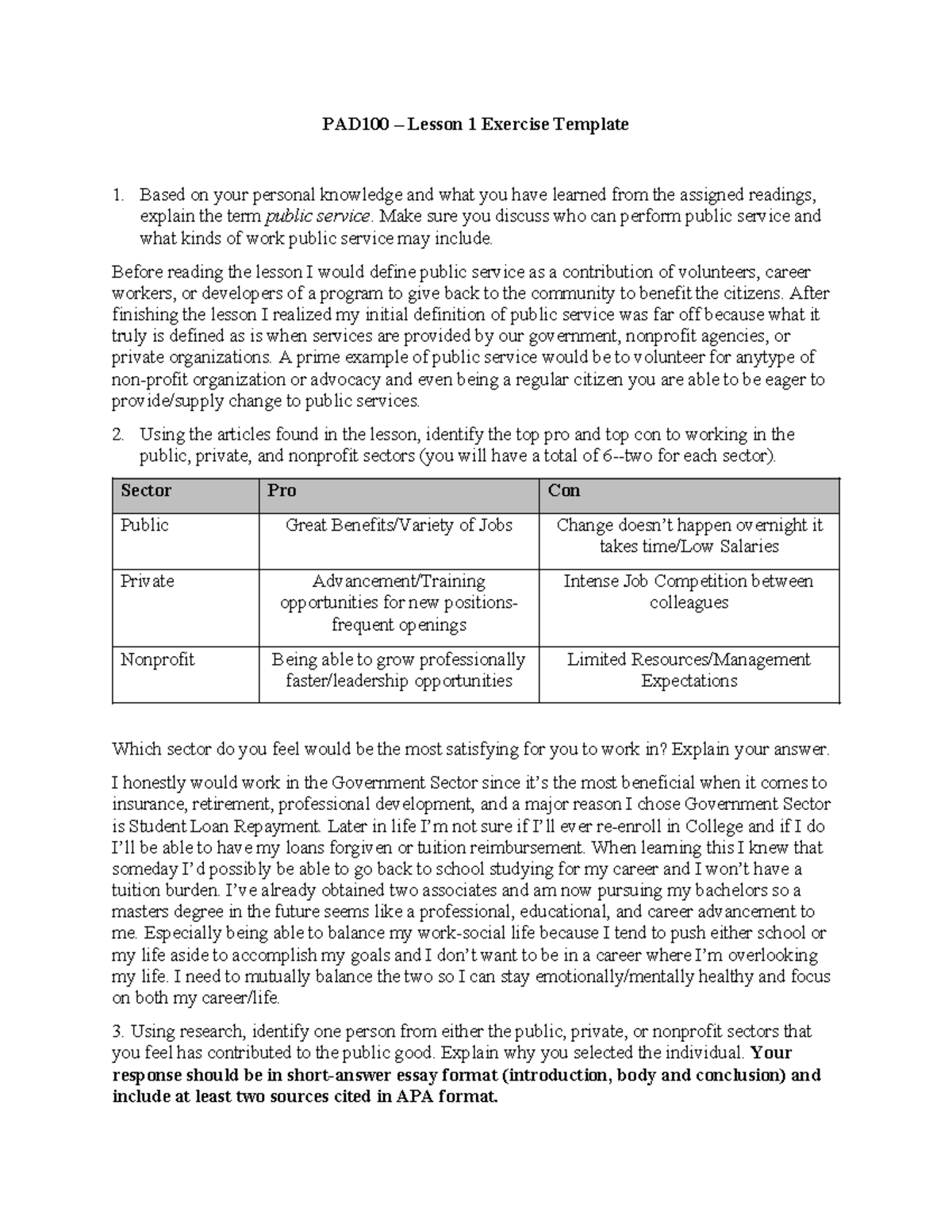 PAD100 Lesson 1 Exercise - PAD100 – Lesson 1 Exercise Template Based on your personal knowledge ...