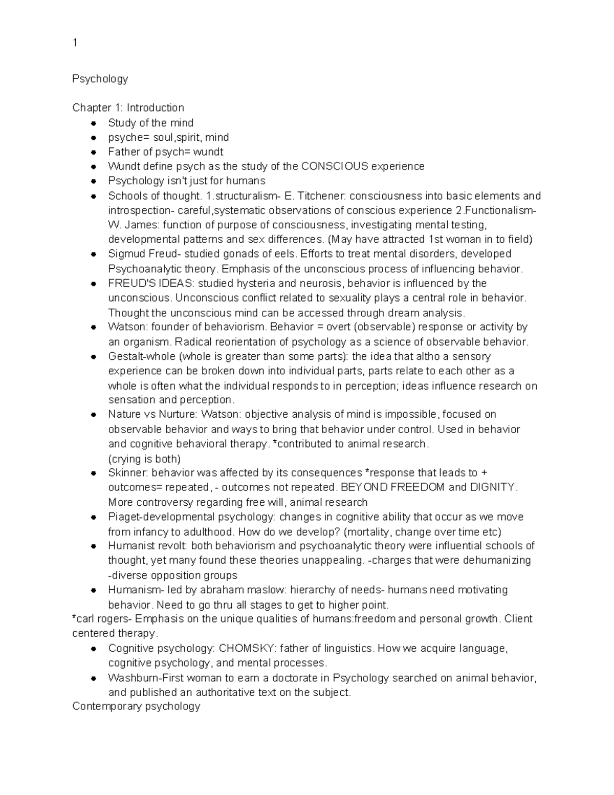 Psych 100 Exam 1 Review - Psychology Chapter 1: Introduction Study of ...