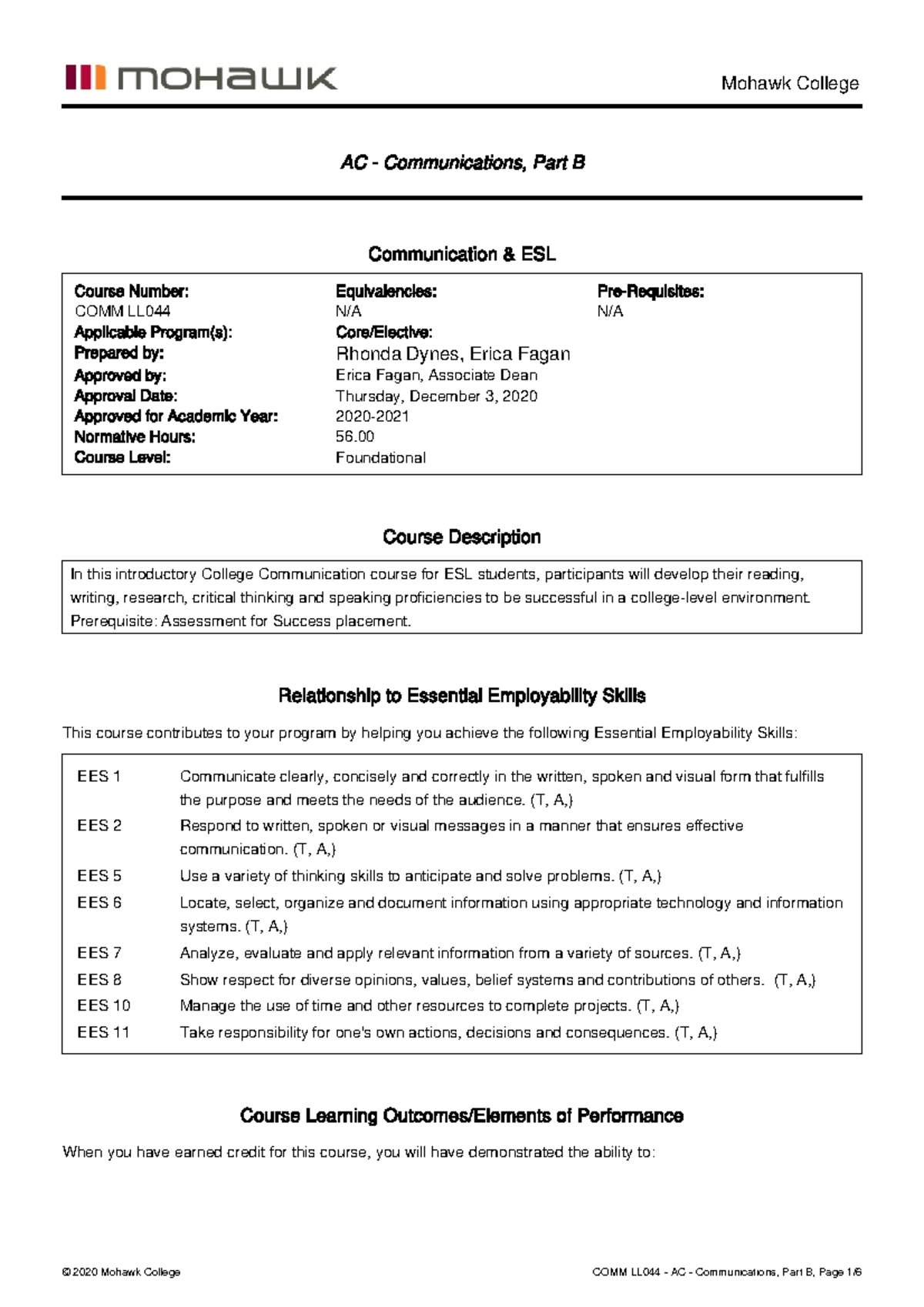 COMM LL044 winter 2021 course outline - Mohawk College AC ...