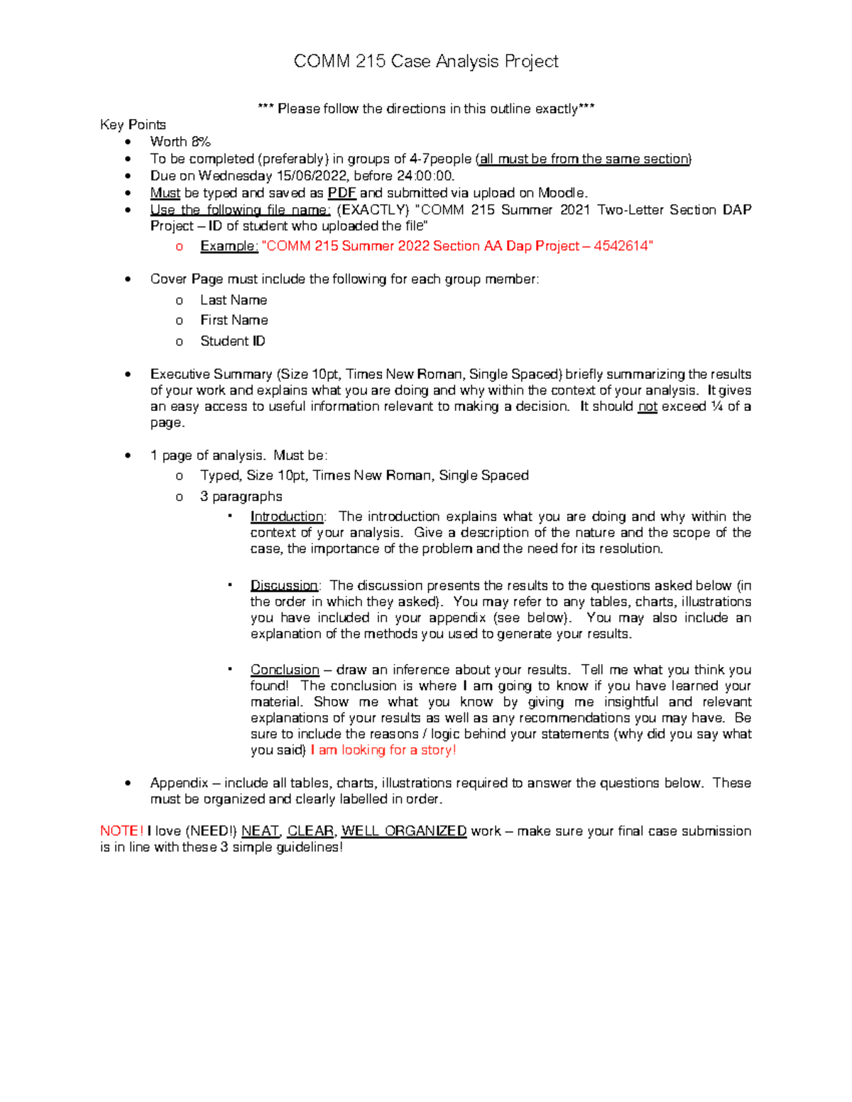 COMM 215 Summer Case Analysis - *** Please follow the directions in ...