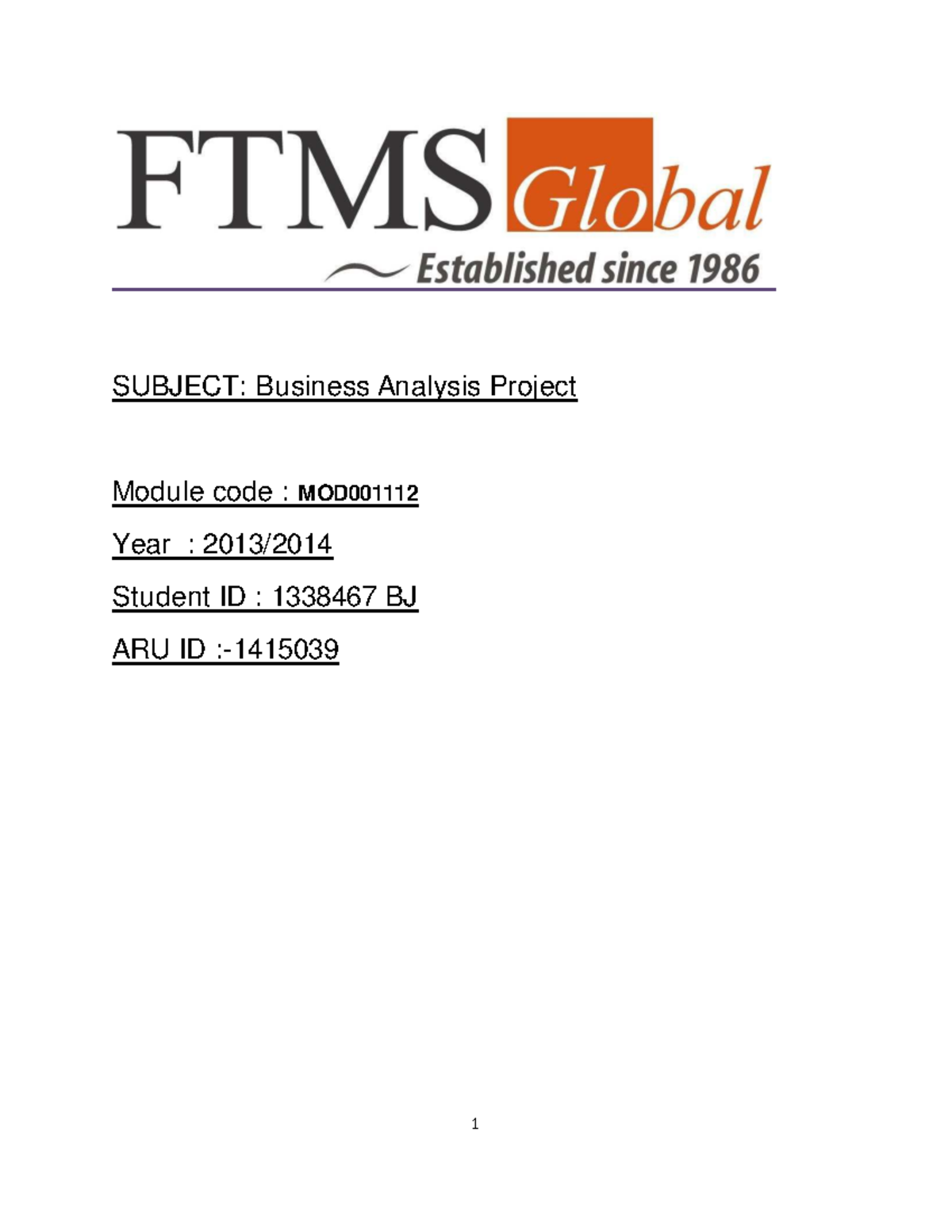 Business analysis project - SUBJECT: Business Analysis Project Module ...