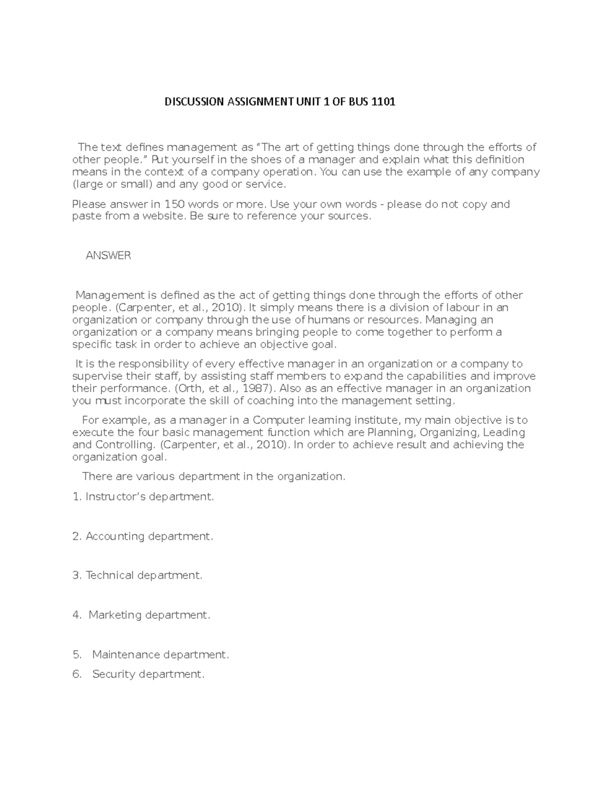 Discussion Assignment Unit 1 Of Bus 1101 Discussion Assignment Unit 1 Of Bus 1101 The Text