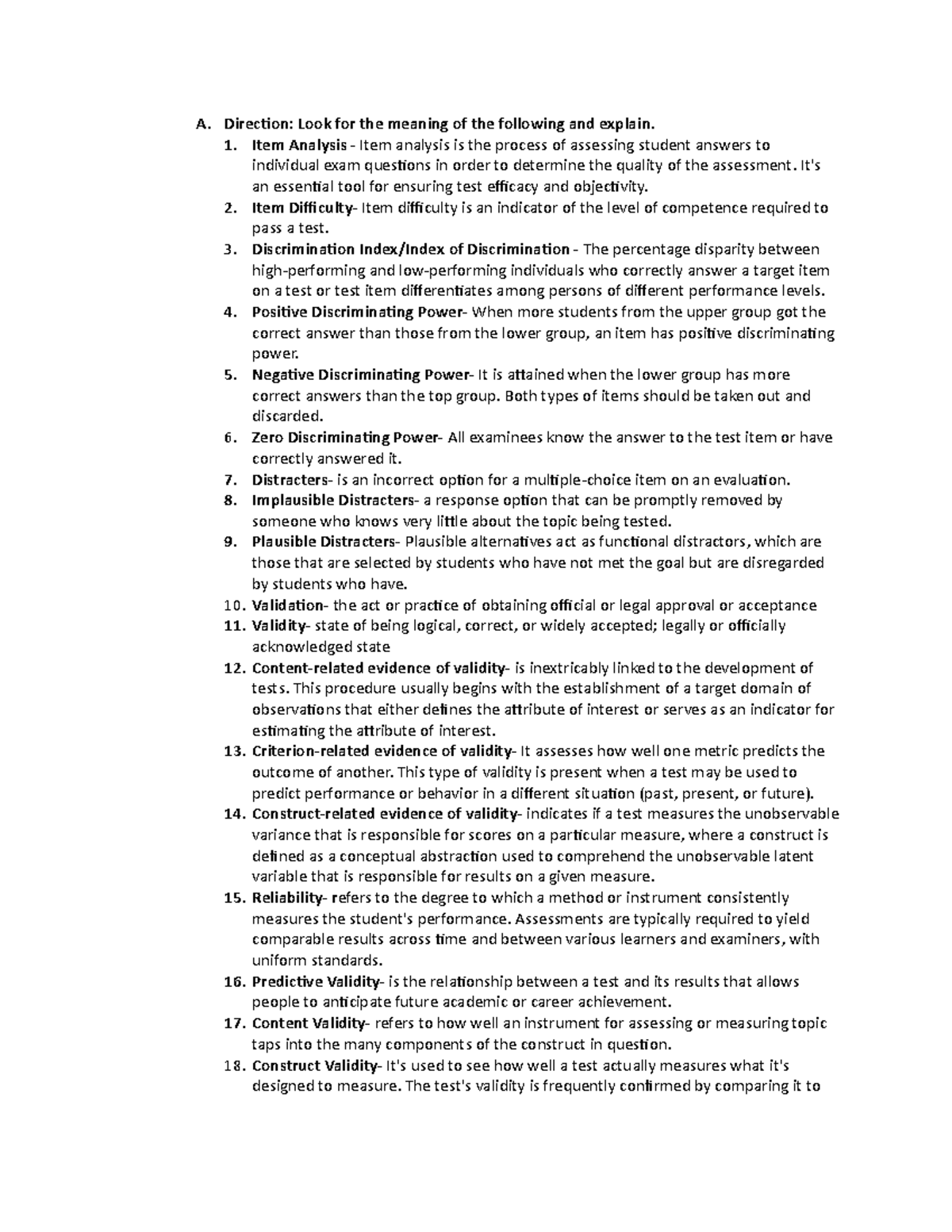 Assessment FOR Learning - A. Direction: Look for the meaning of the ...