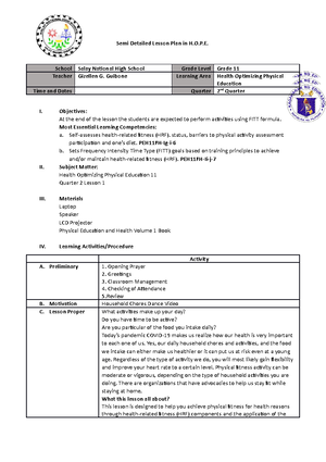 DLP PE Grade 12 WEEK4 - DAILY LESSON PLAN SAMPLE - Semi Detailed Lesson ...