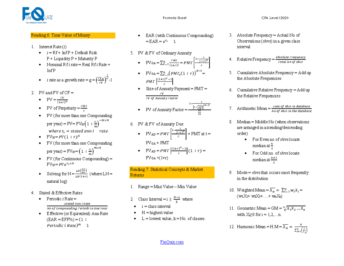 CFA Level 1 Formula Sheet 2020 - ####### Reading 6: Time Value of Money ...