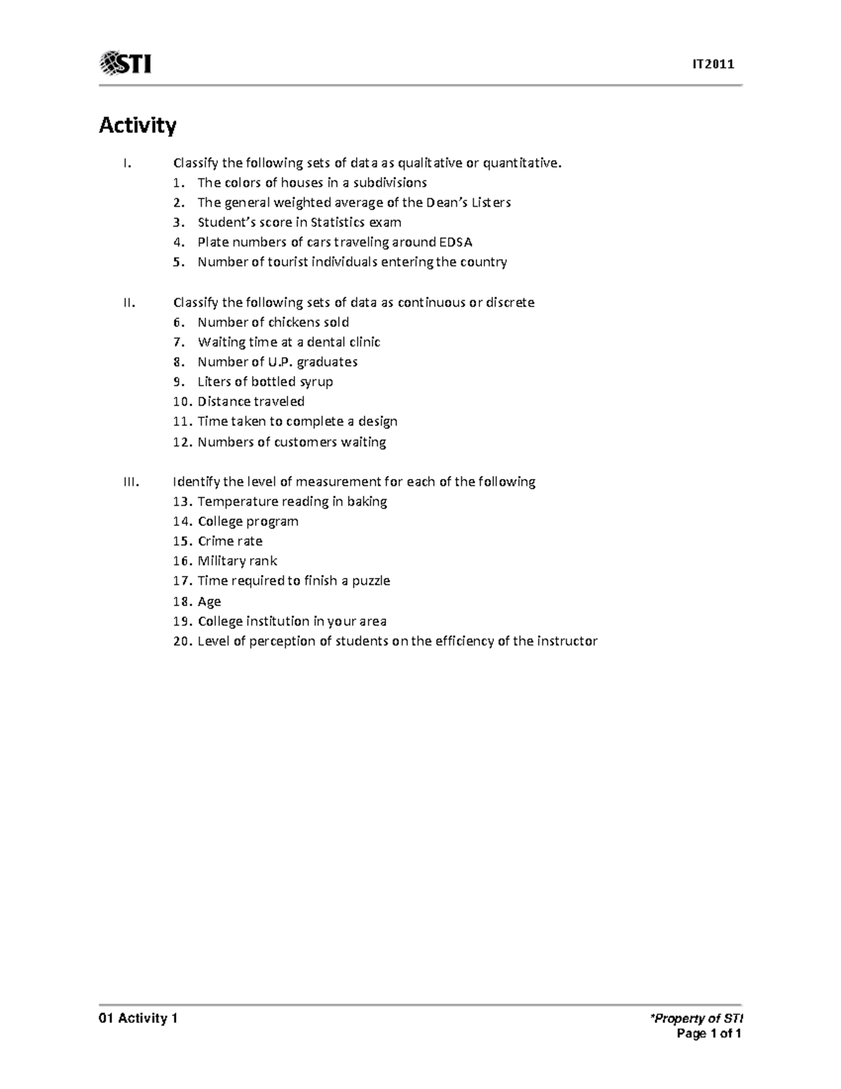 01 Activity 1 - STATS ANALYSIS - IT 01 Activity 1 *Property of STI Page ...