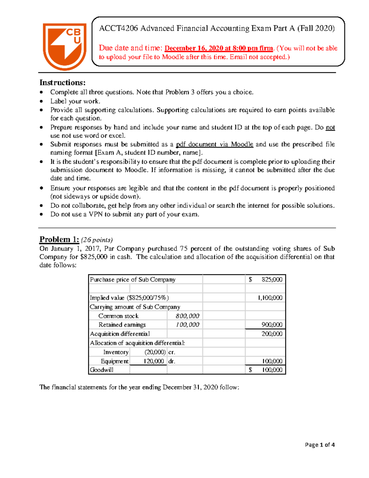 ACCT 4206 EXAM 2020 Part A - Instructions: • Complete all three ...