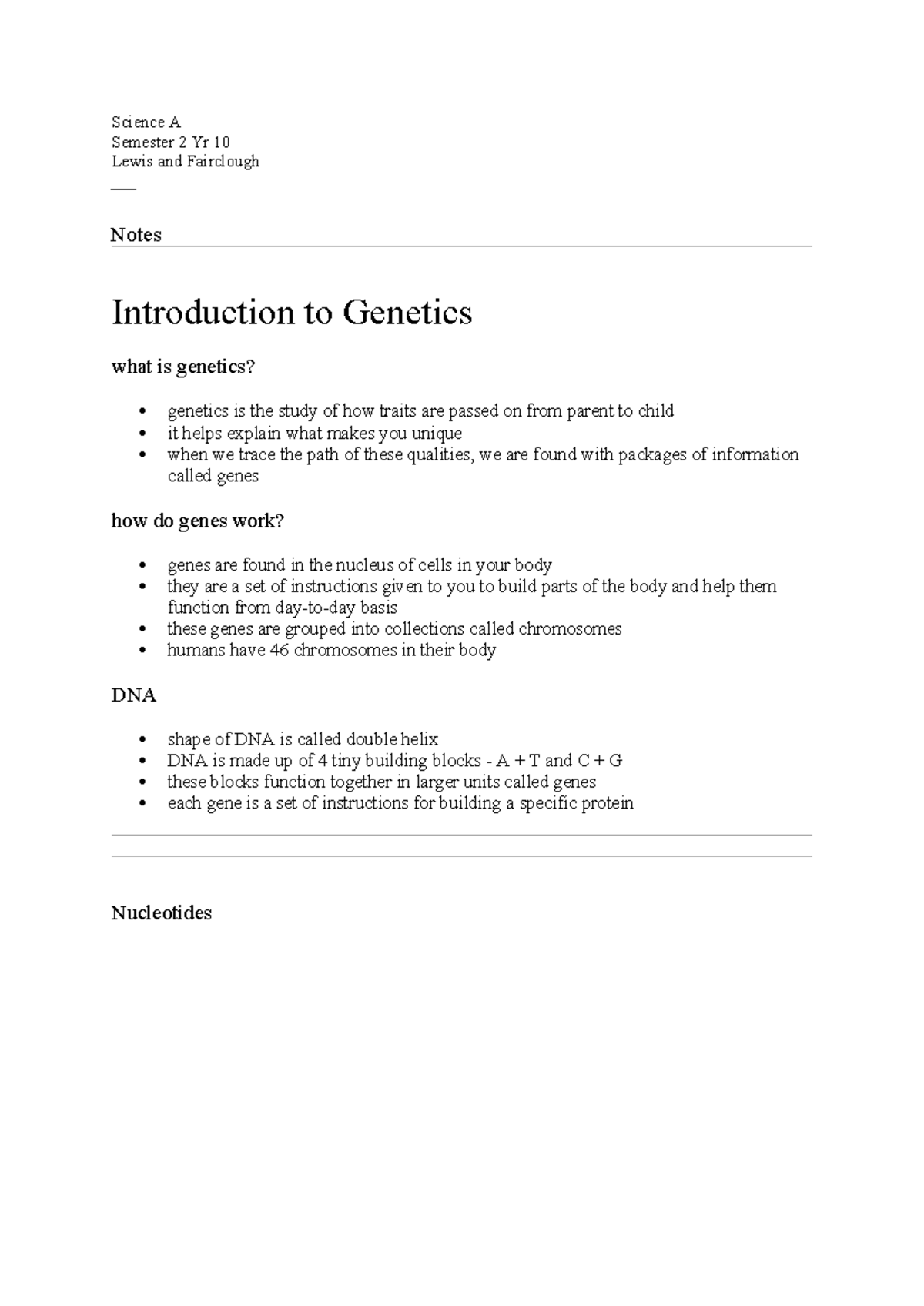 Year 10 Science A - Genetics - Science A Semester 2 Yr 10 Lewis and ...