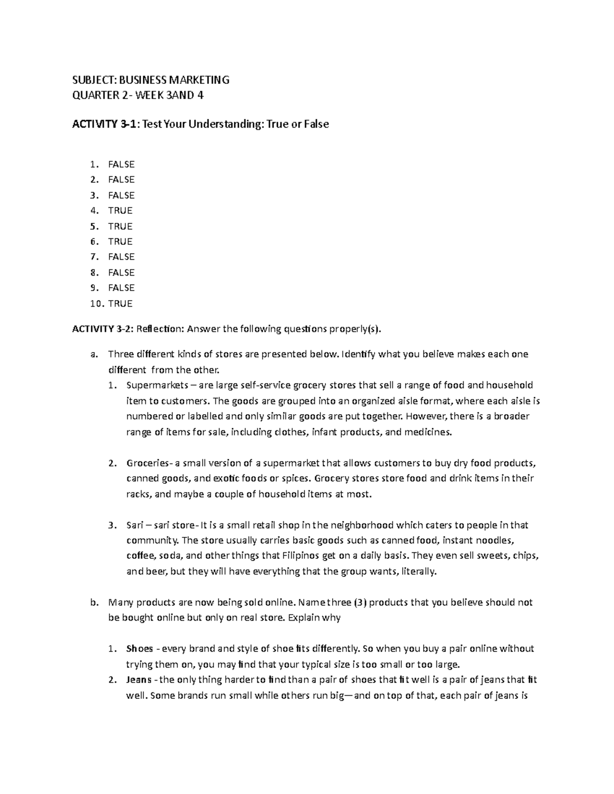 WEEK 3-4 Marketing - SUBJECT: BUSINESS MARKETING QUARTER 2- WEEK 3AND 4 ...