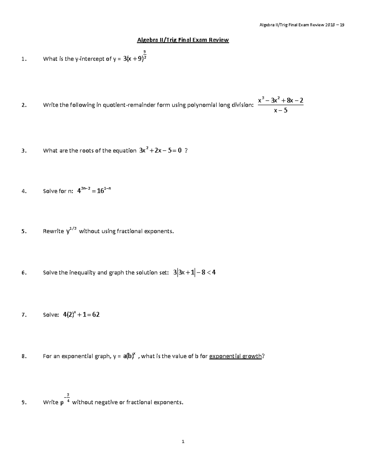A2 trig Final Exam Review 18 19 - Algebra II/Trig Final Exam Review 1 ...