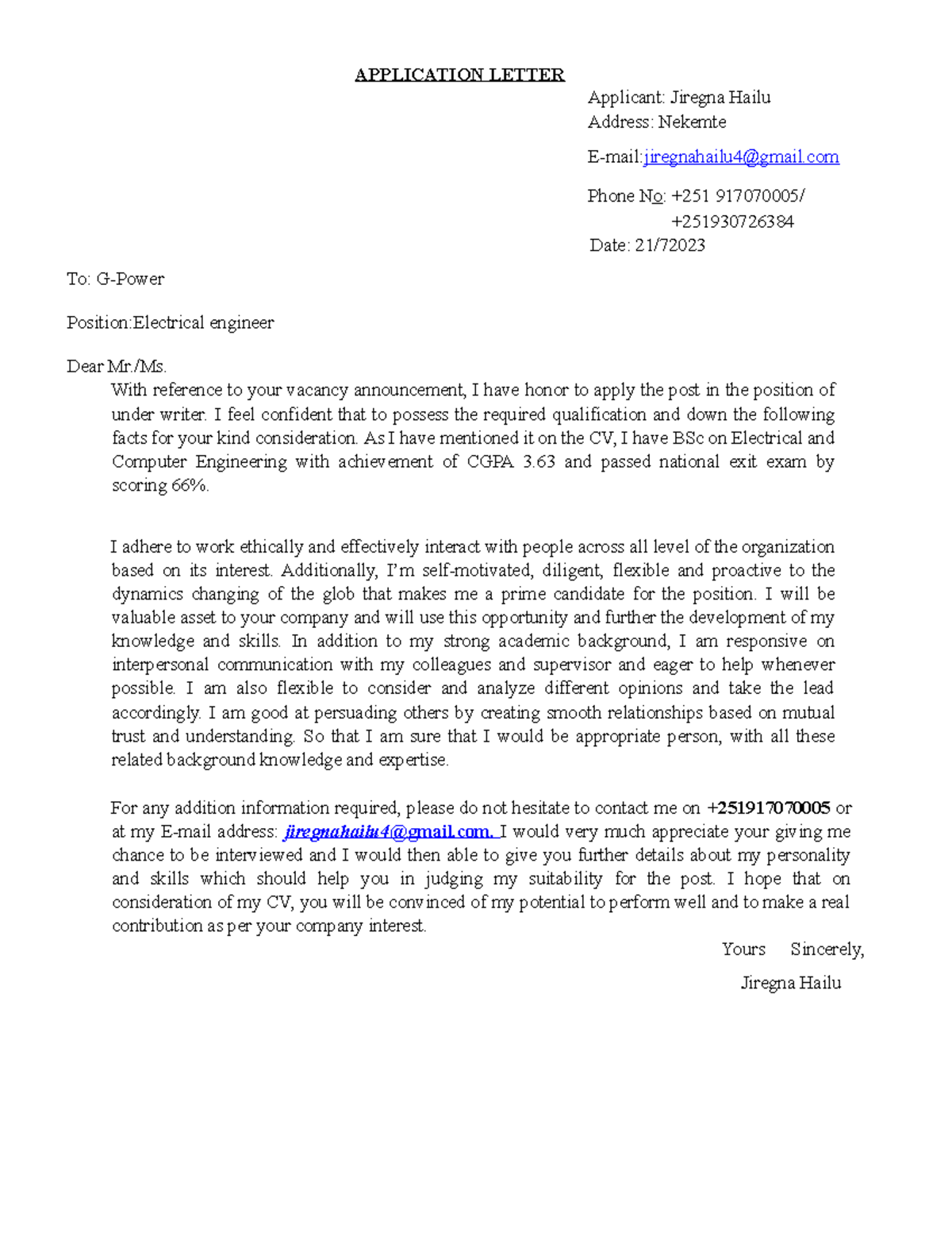 Jiregna Hailu g-power - APPLICATION LETTER Applicant: Jiregna Hailu ...