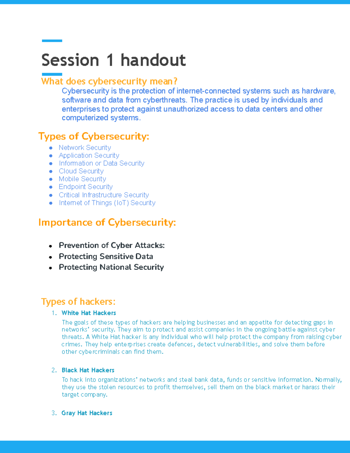 Day1 handout - Session 1 handout What does cybersecurity mean ...