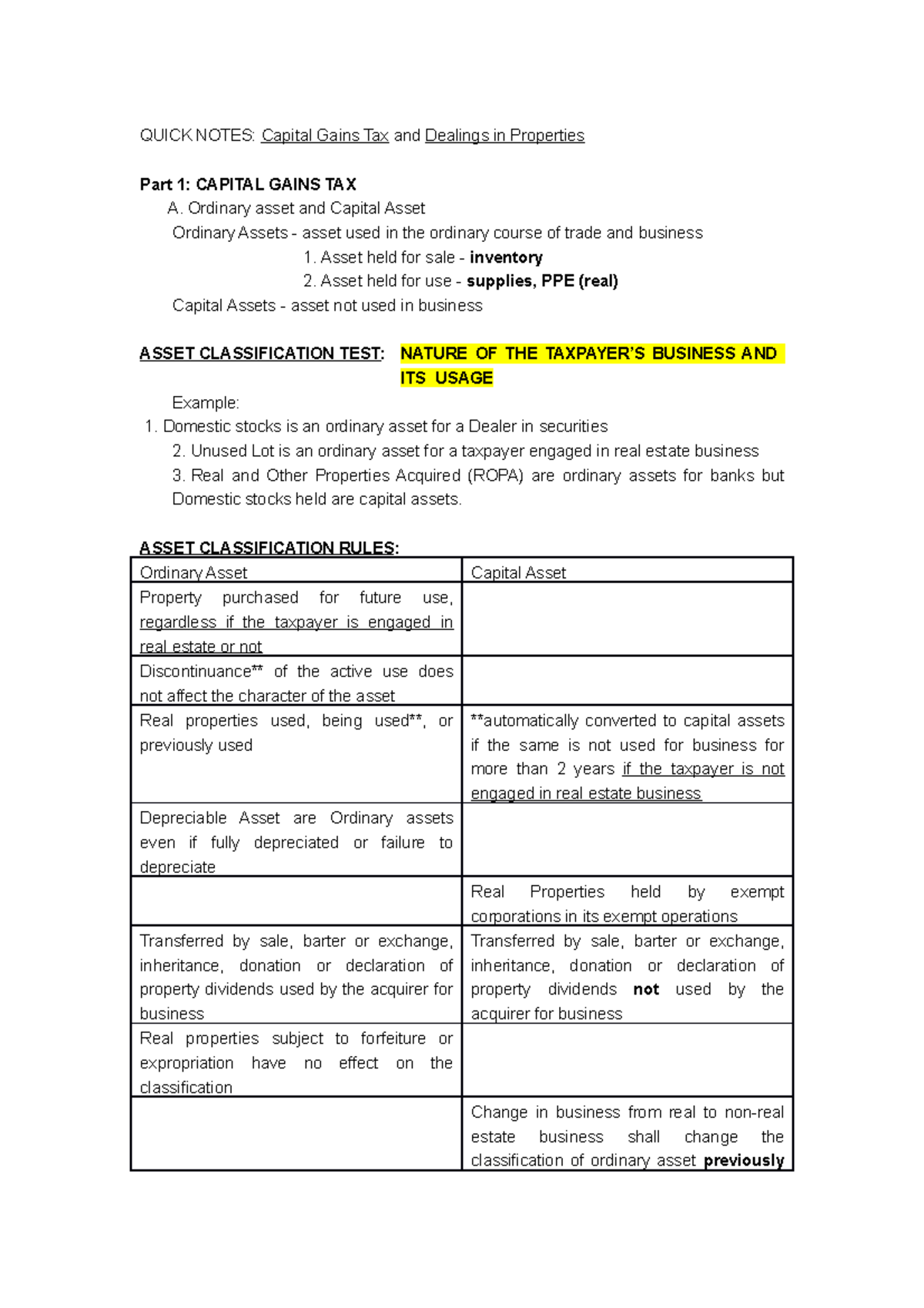notes cgt dealings - QUICK NOTES: Capital Gains Tax and Dealings in ...