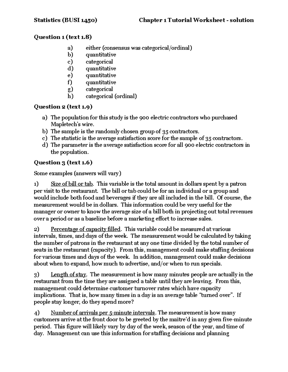 Chapter 1 Worksheet solution - Statistics (BUSI 1450) Chapter 1 ...