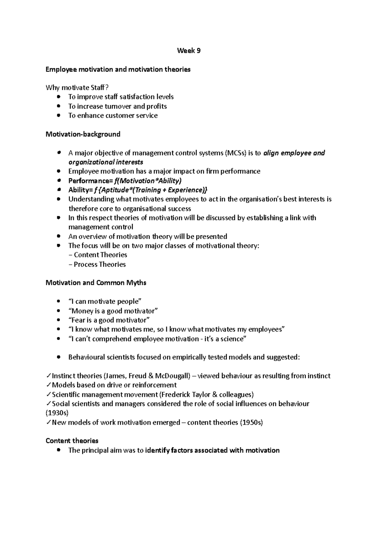 Week 9 + T - Notes - Week 9 Employee motivation and motivation theories ...