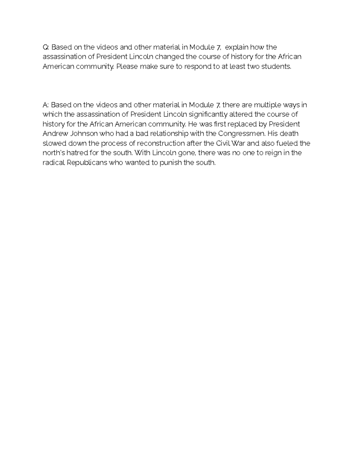 Discussion 7 Reconstruction and the assasination of Abraham Lincoln - Q ...