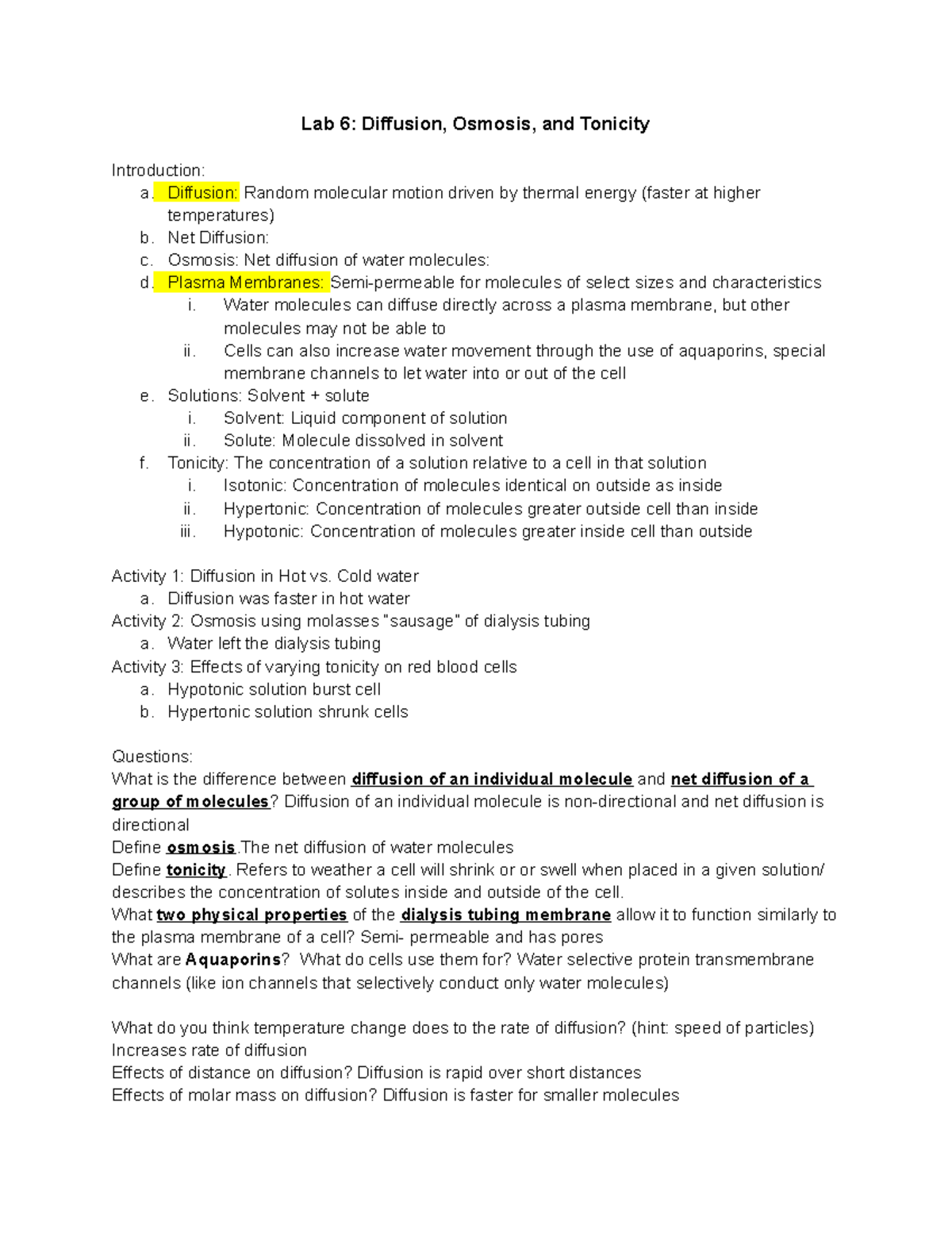 Lab Exercise 6 Summary - Lab 6: Diffusion, Osmosis, and Tonicity ...