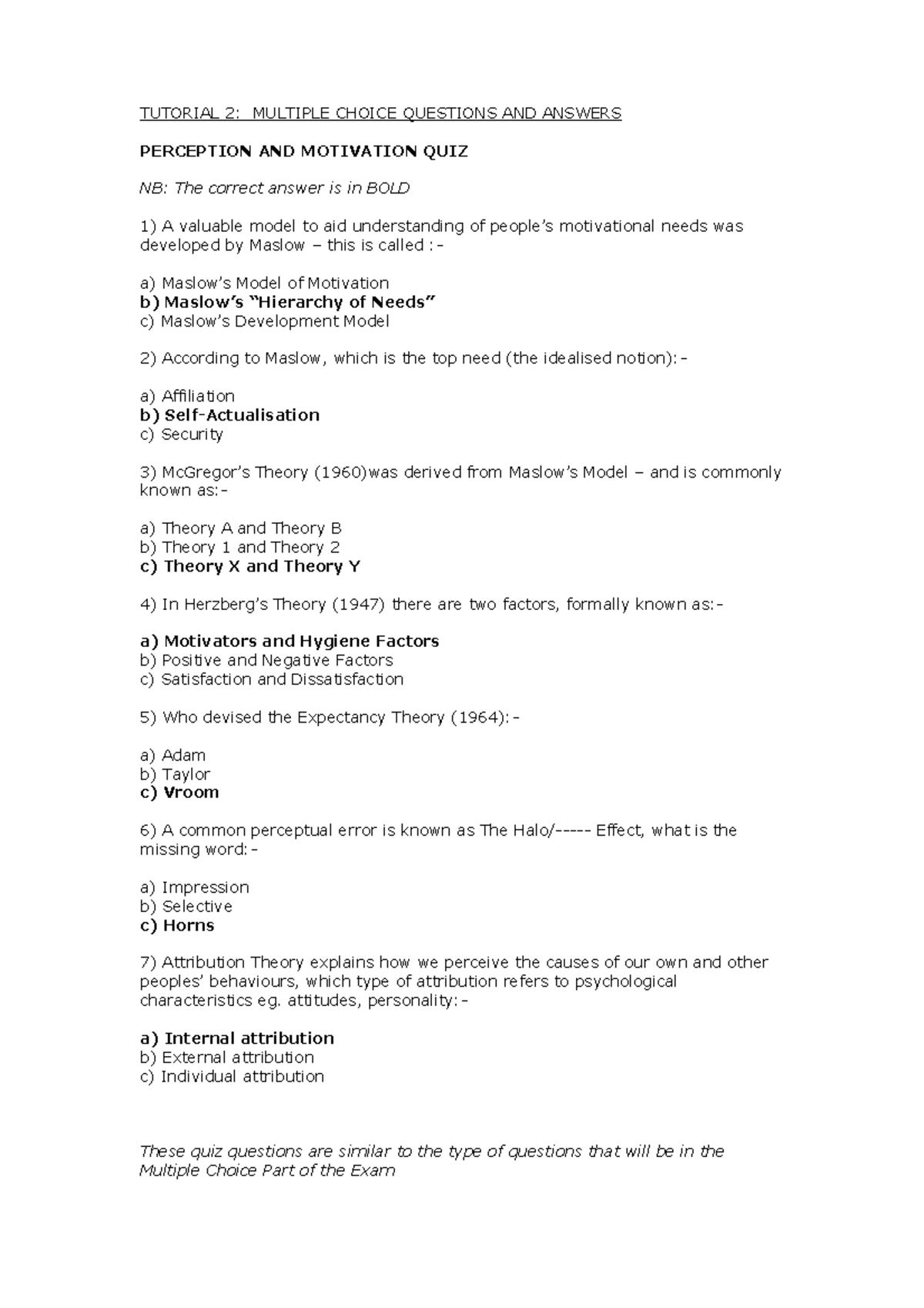 2 Multiple Choice Quiz Perception and Motivation Questions and Answers ...