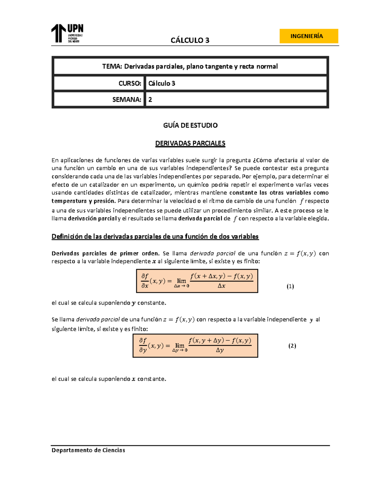 Taller de Teoría Semana 02 - C¡LCULO 3 TEMA: Derivadas parciales, plano tangente y recta normal ...