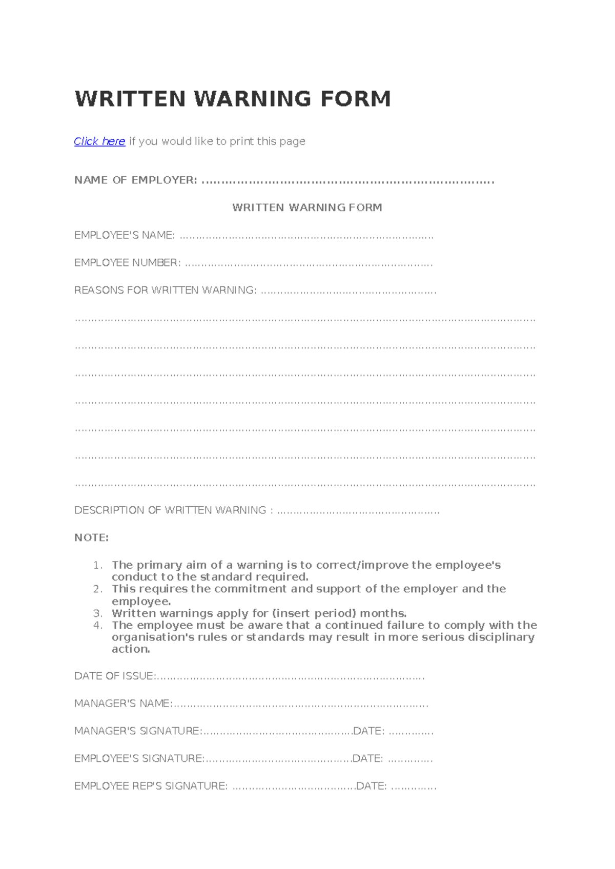 Written Warning FORM 3 - WRITTEN WARNING FORM Click here if you would ...