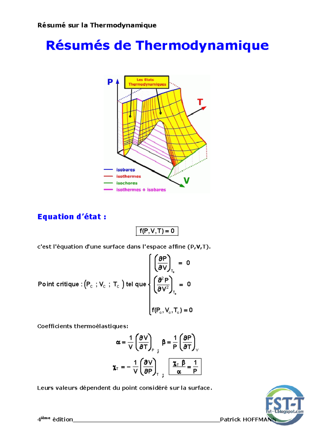 Resume thermodynamique - Résumés de Thermodynamique Equation d’état : f ...