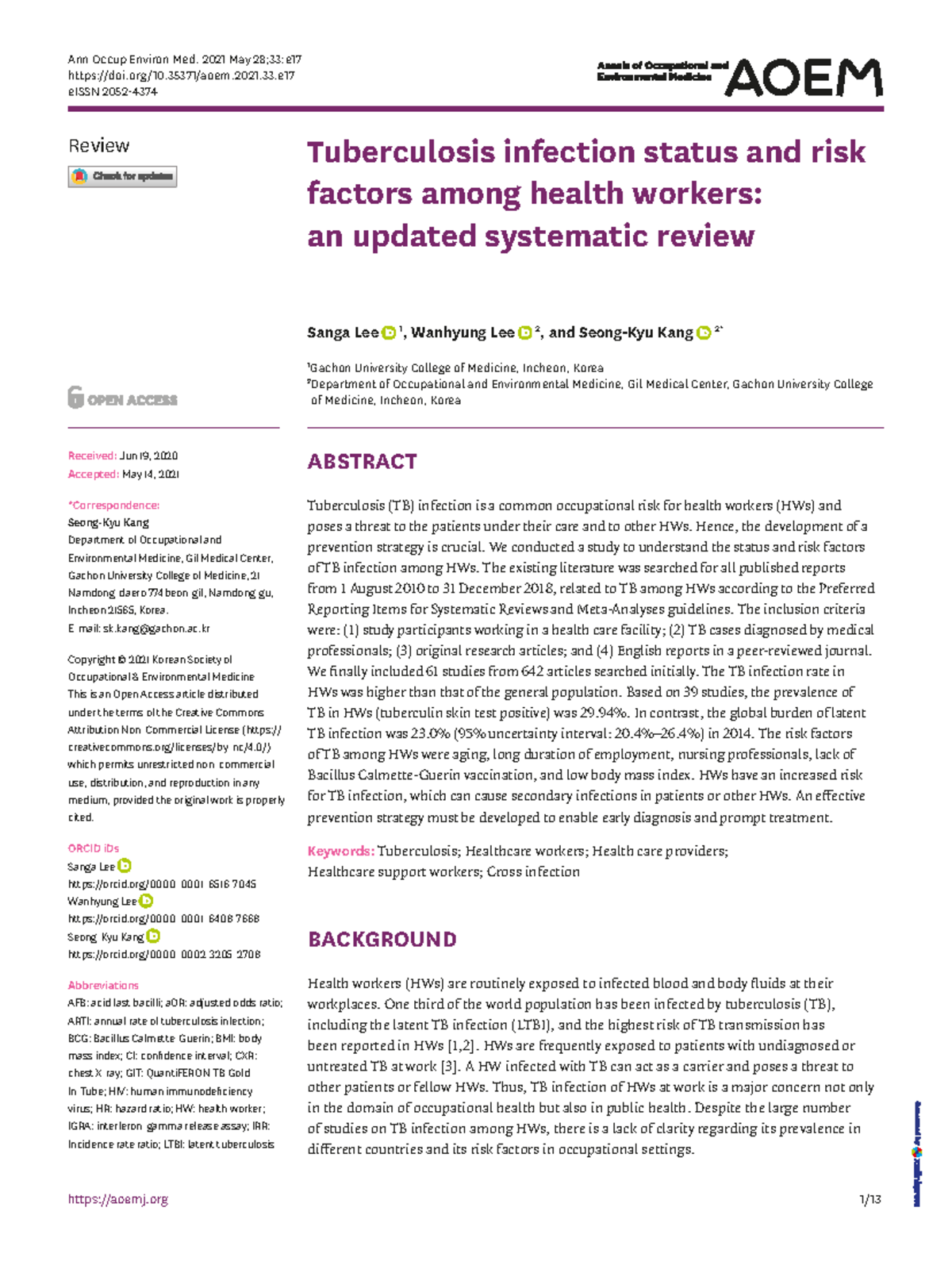 Tuberculosis infection status and risk - 1/ ABSTRACT Tuberculosis (TB ...