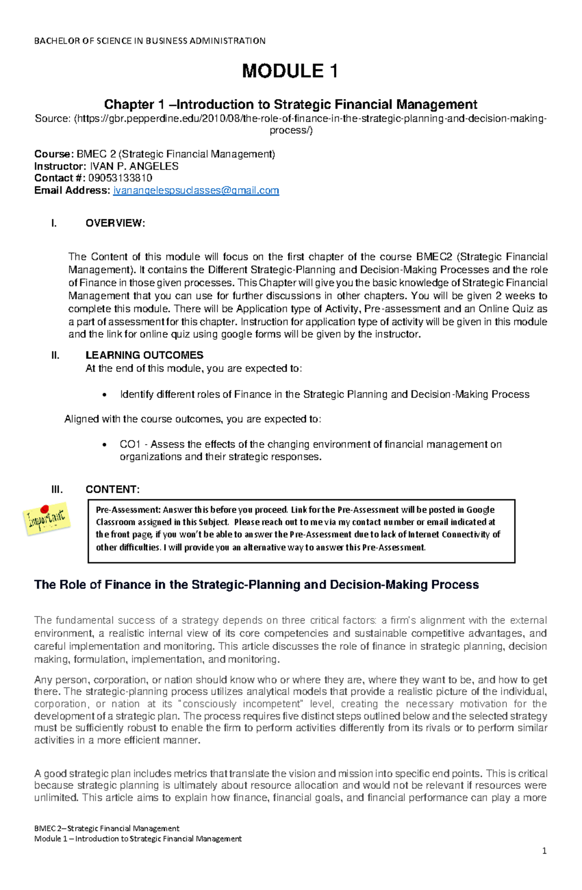 Module 1 - Introduction to Strategic Financial Management - Copy - BMEC ...