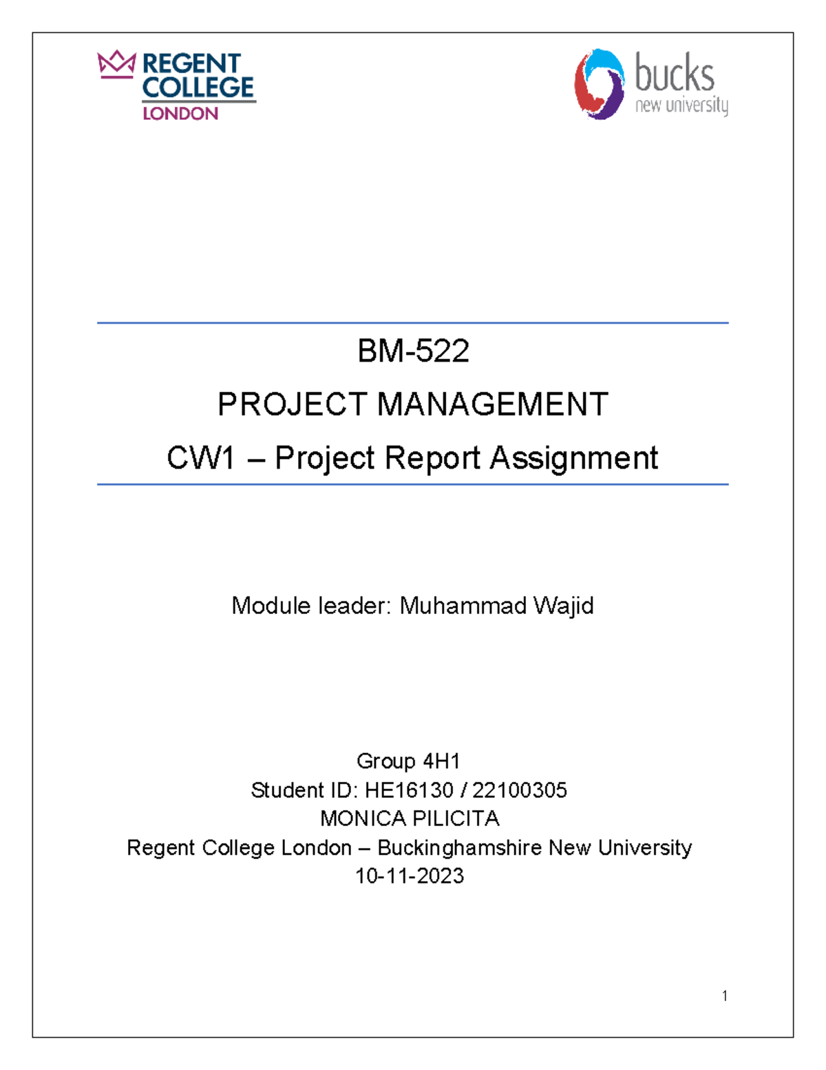 686199574 Bm 522 Cw 1 Project Management 29 10 2023 - BM- PROJECT MANAGEMENT CW1 – Project ...