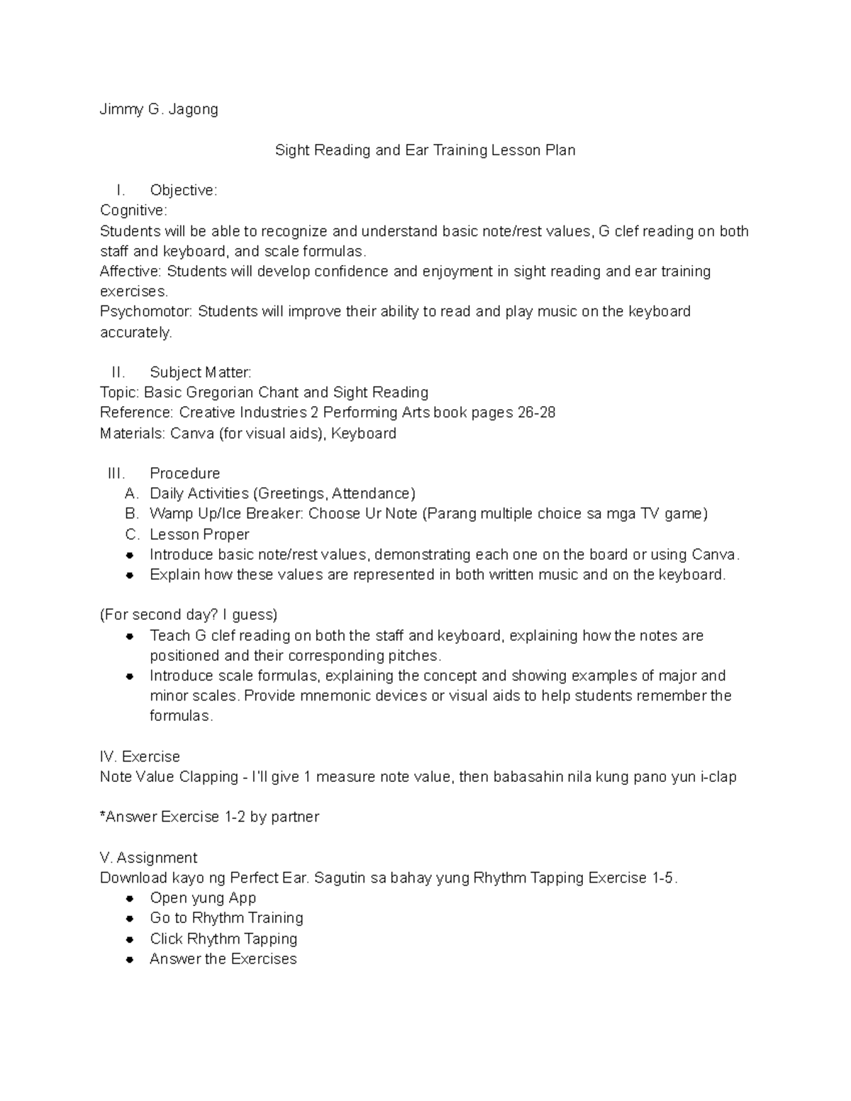 Initial Lesson Plan - hehe - Jimmy G. Jagong Sight Reading and Ear ...