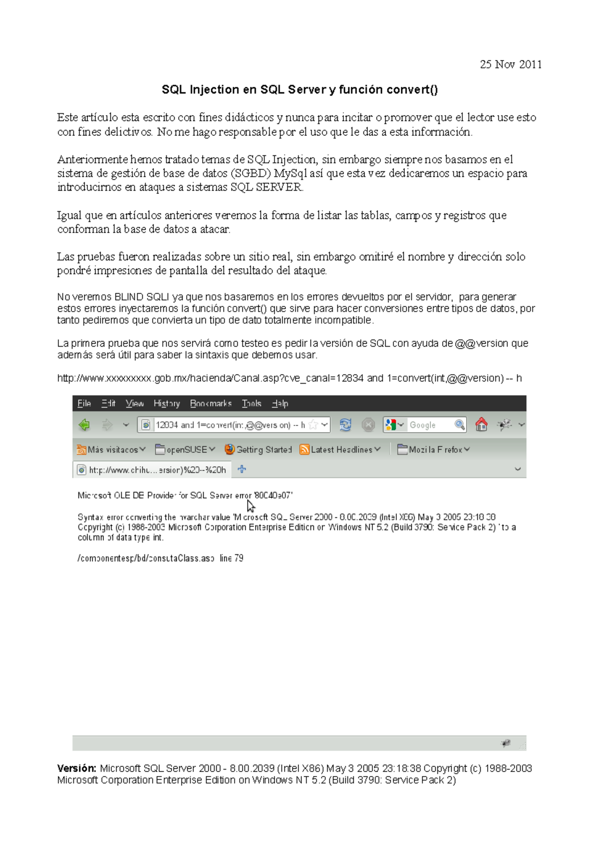 Textos sqli mssql - 25 Nov 2011 SQL Injection en SQL Server y función ...