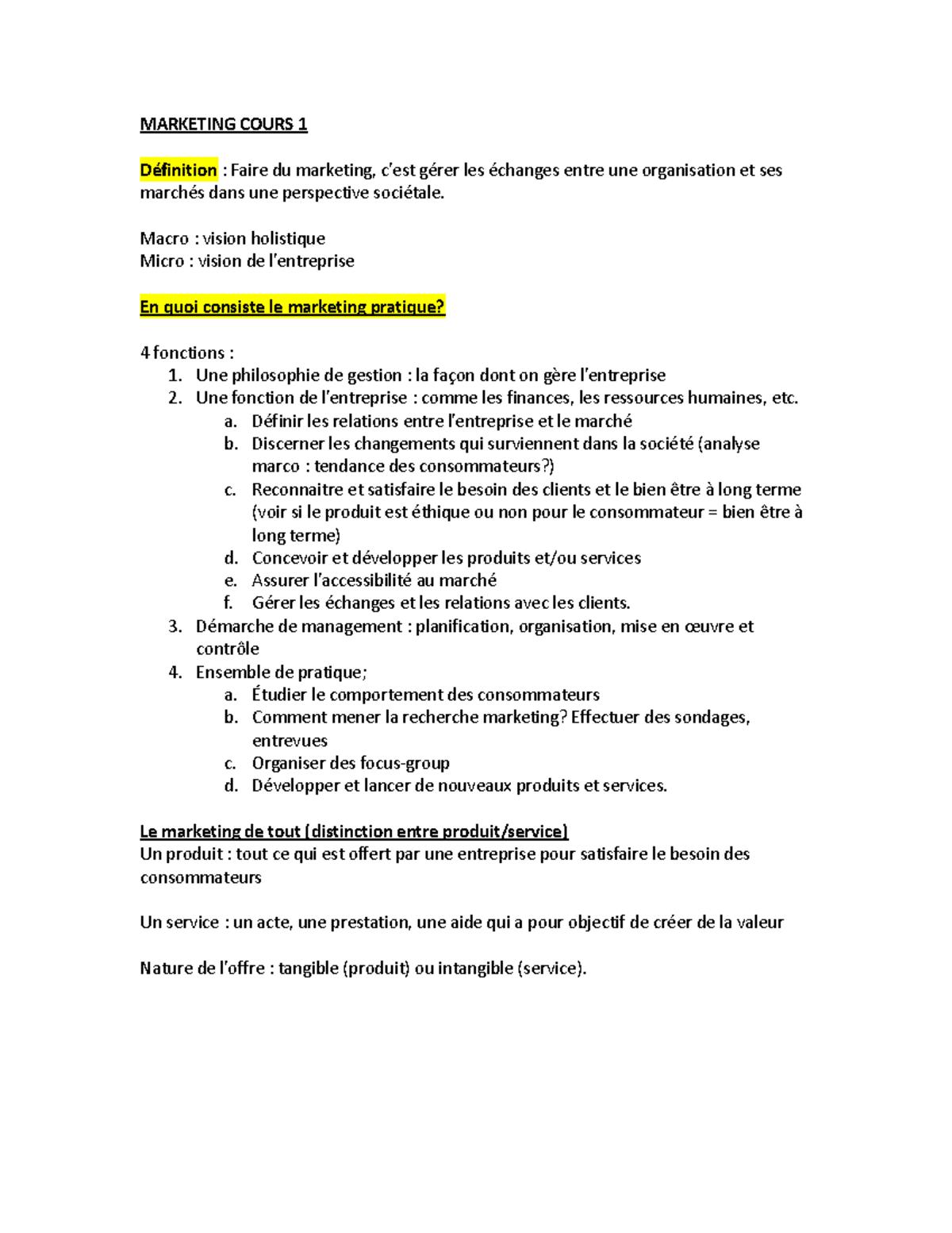 Marketing 3300 Cours 1 - MARKETING COURS 1 Définition : Faire du ...