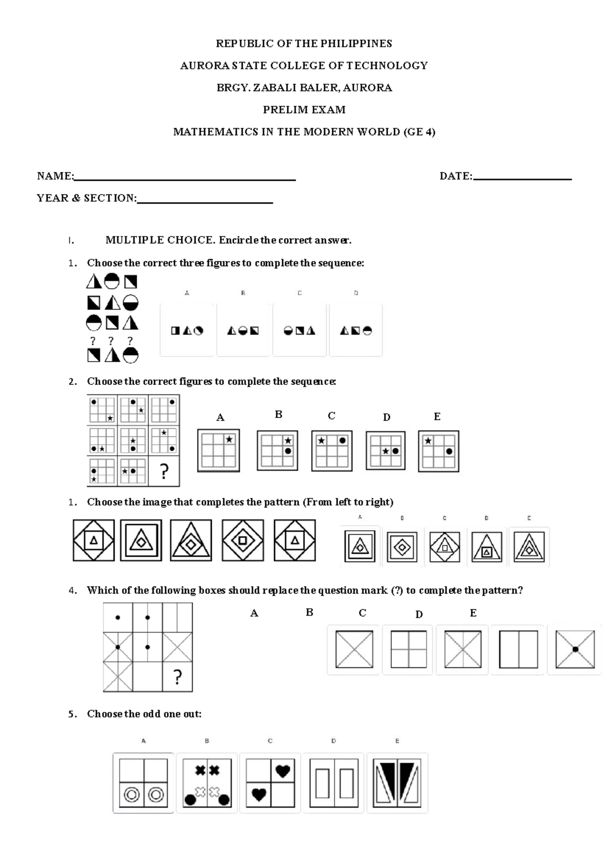 Prelim EXAM - exam - REPUBLIC OF THE PHILIPPINES AURORA STATE COLLEGE ...