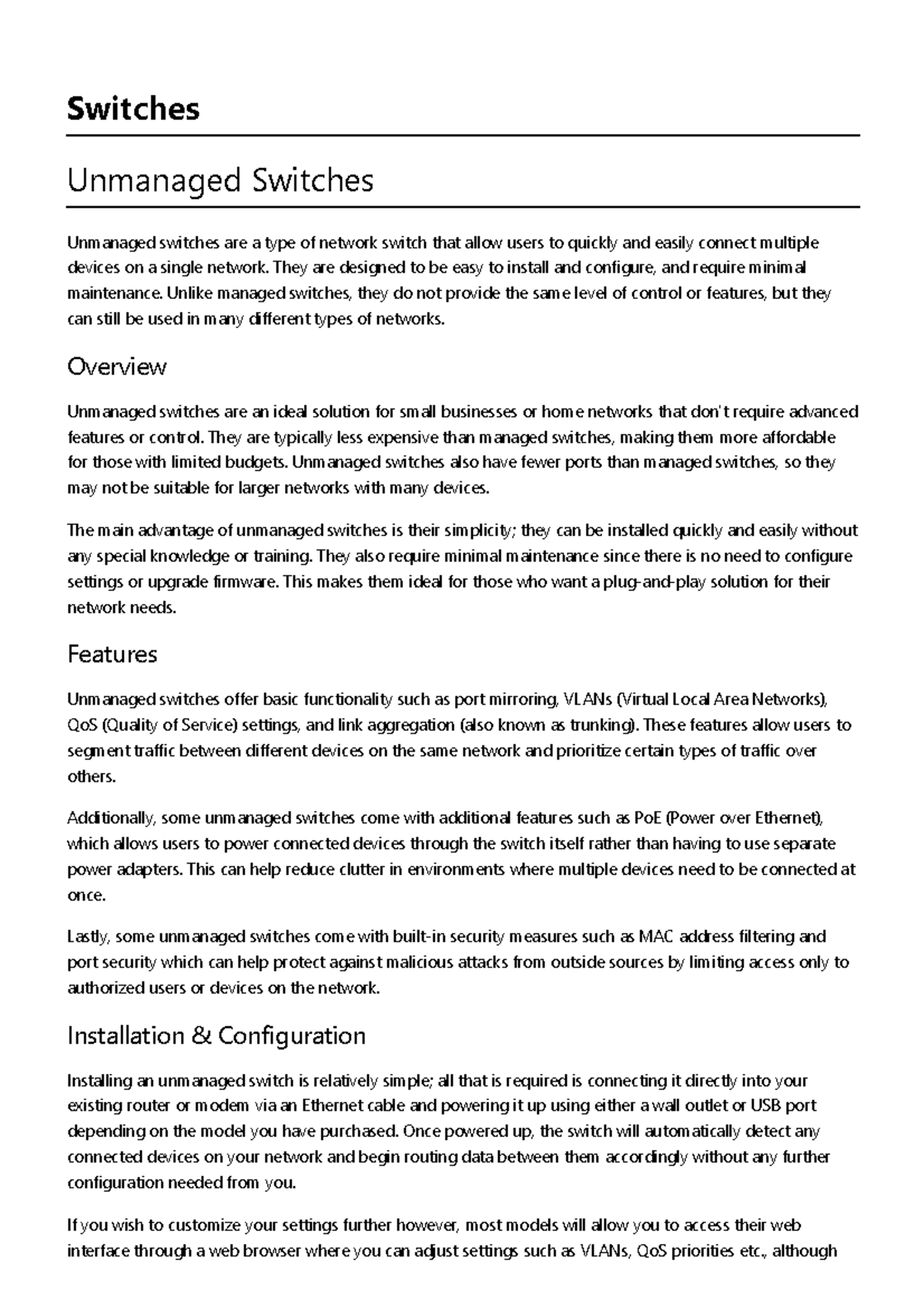 Switches in Computer Networks - Switches Unmanaged Switches Unmanaged ...