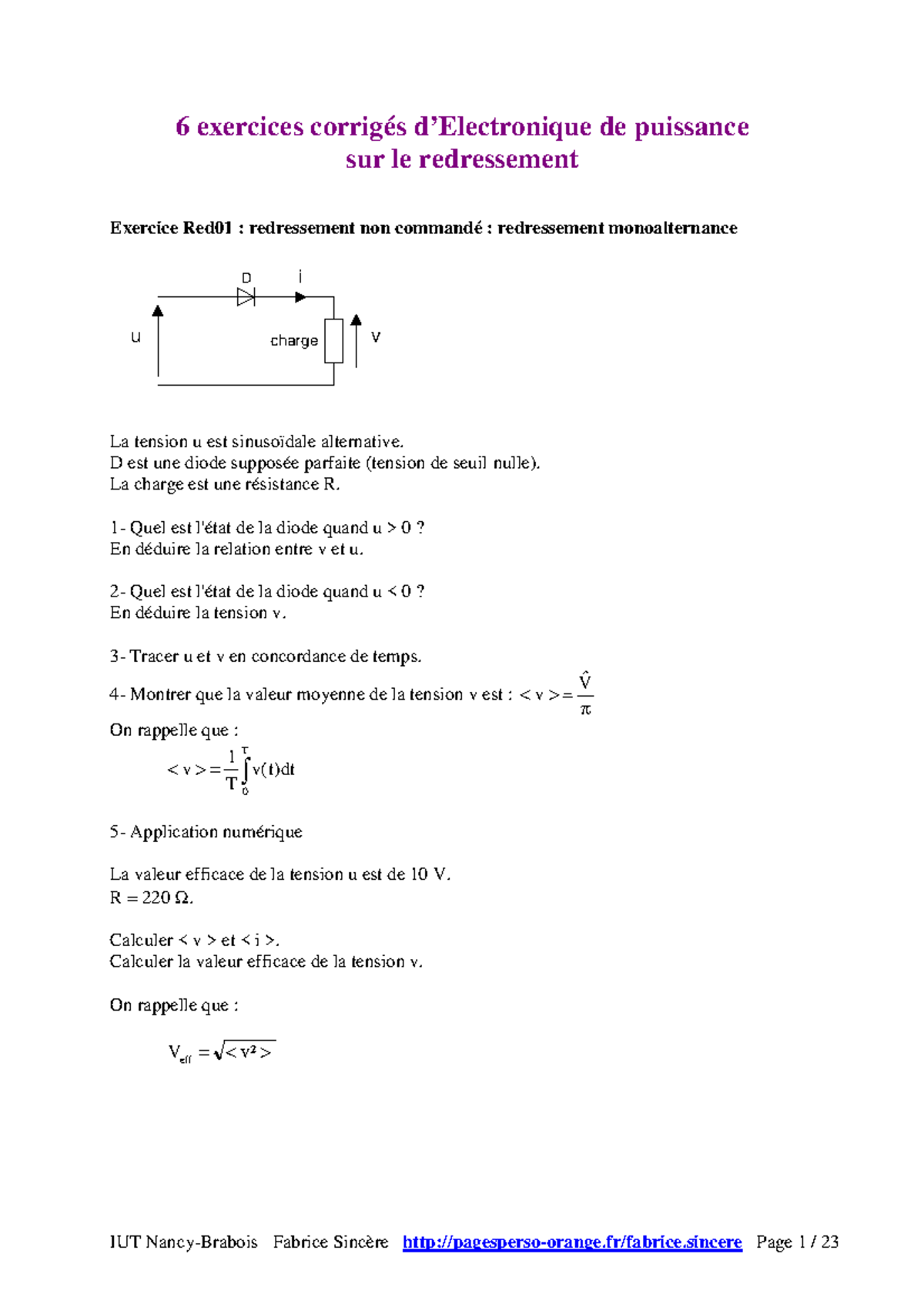 6 exercices corrigés d’Electronique de puissance - D est une diode ...