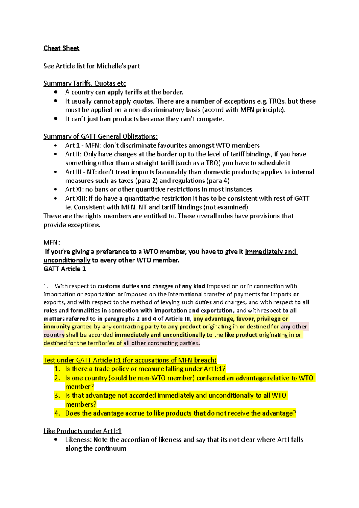 LAWS354 Summary GATT tests - Cheat Sheet See Article list for Michelle ...