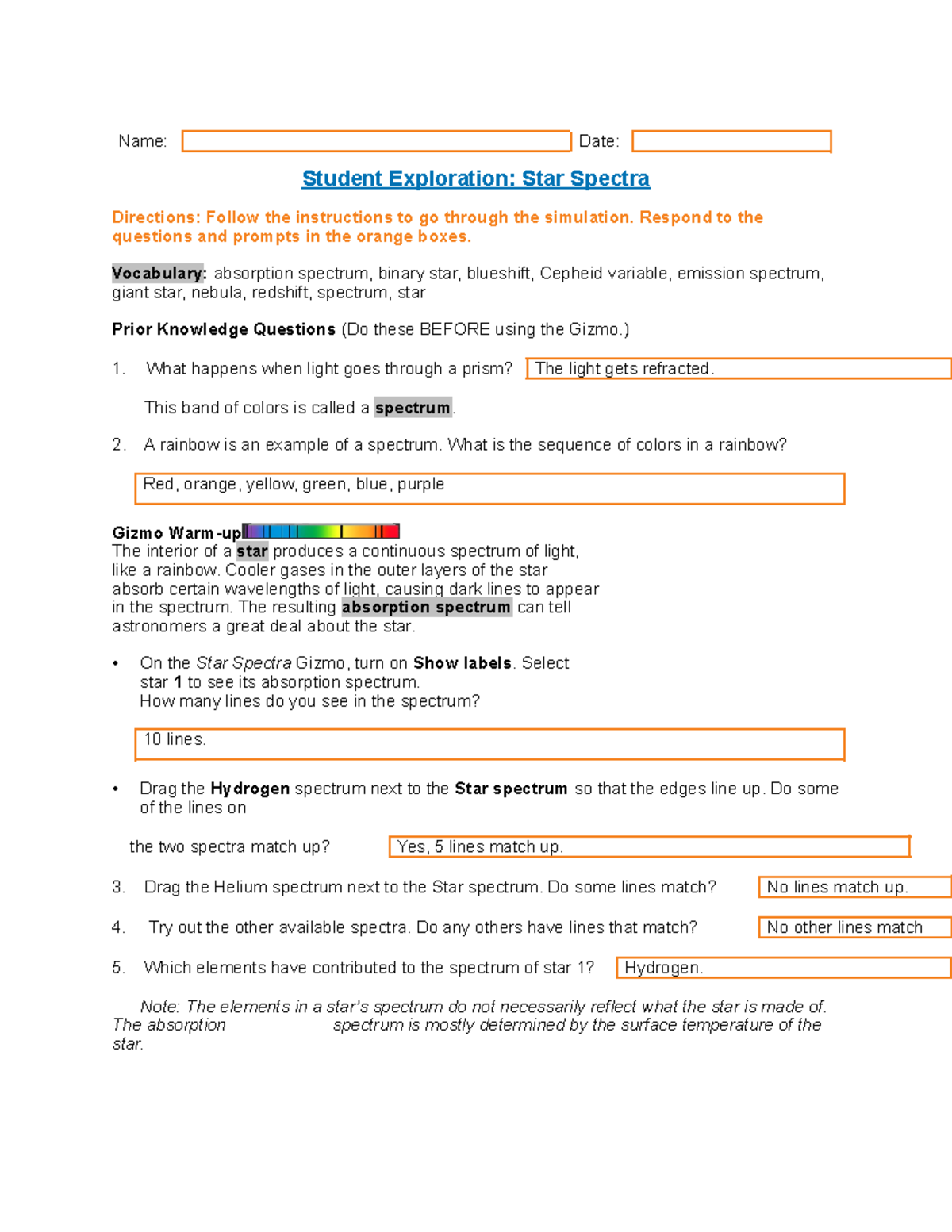 Gizmos Star Spectra Analysis - Name: Date: Student Exploration: Star ...
