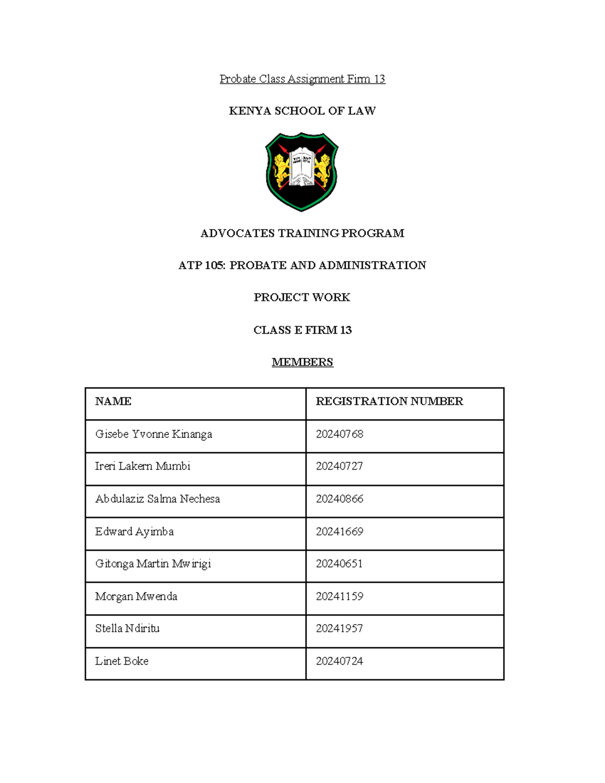 Class E FIRM 13 Probate Class Assignment Final - Probate Class Assignment Firm 13 KENYA SCHOOL ...