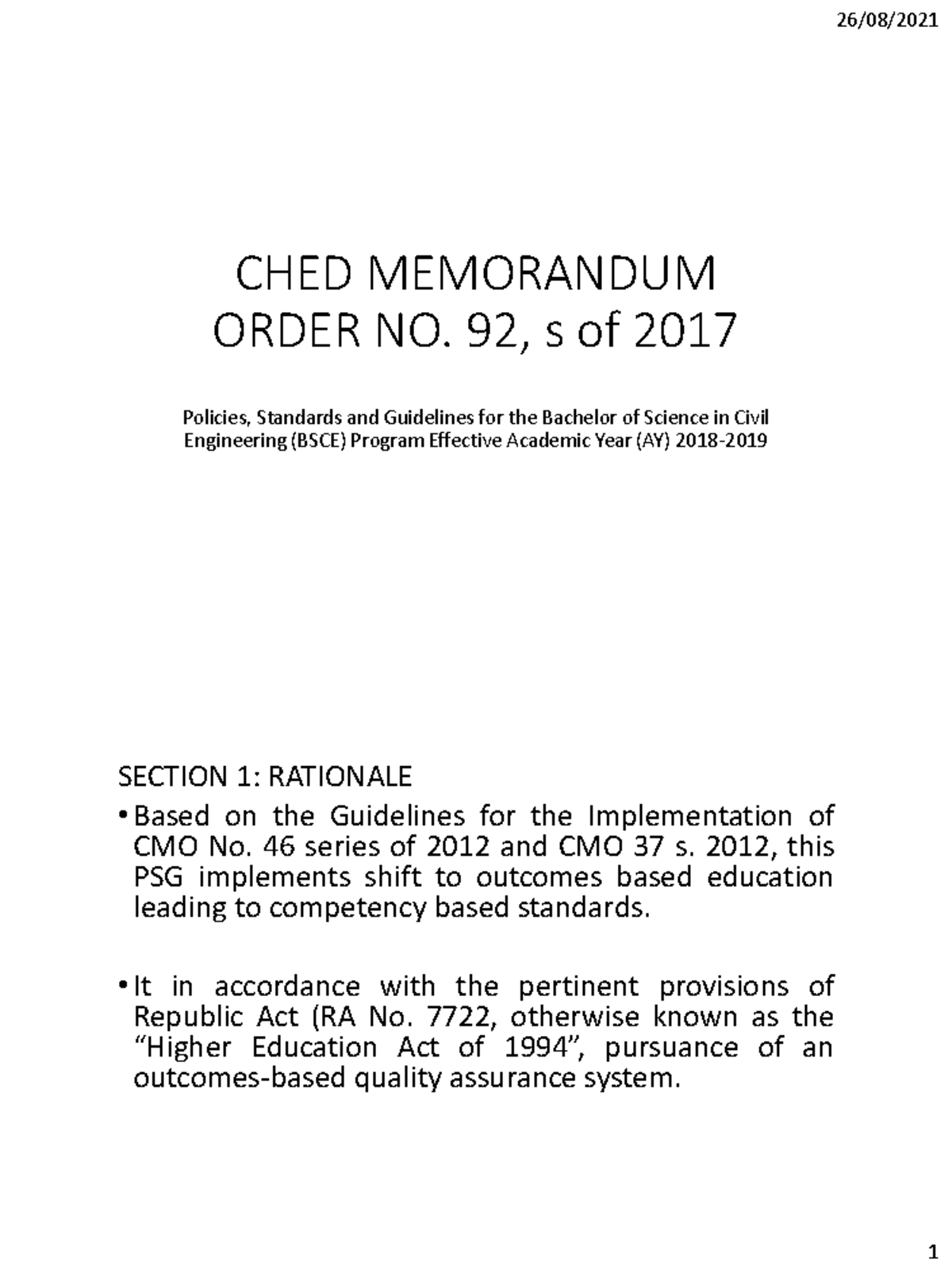 Lesson 2 - CHED MEMORANDUM ORDER NO. 92, s of 2017 Policies, Standards ...