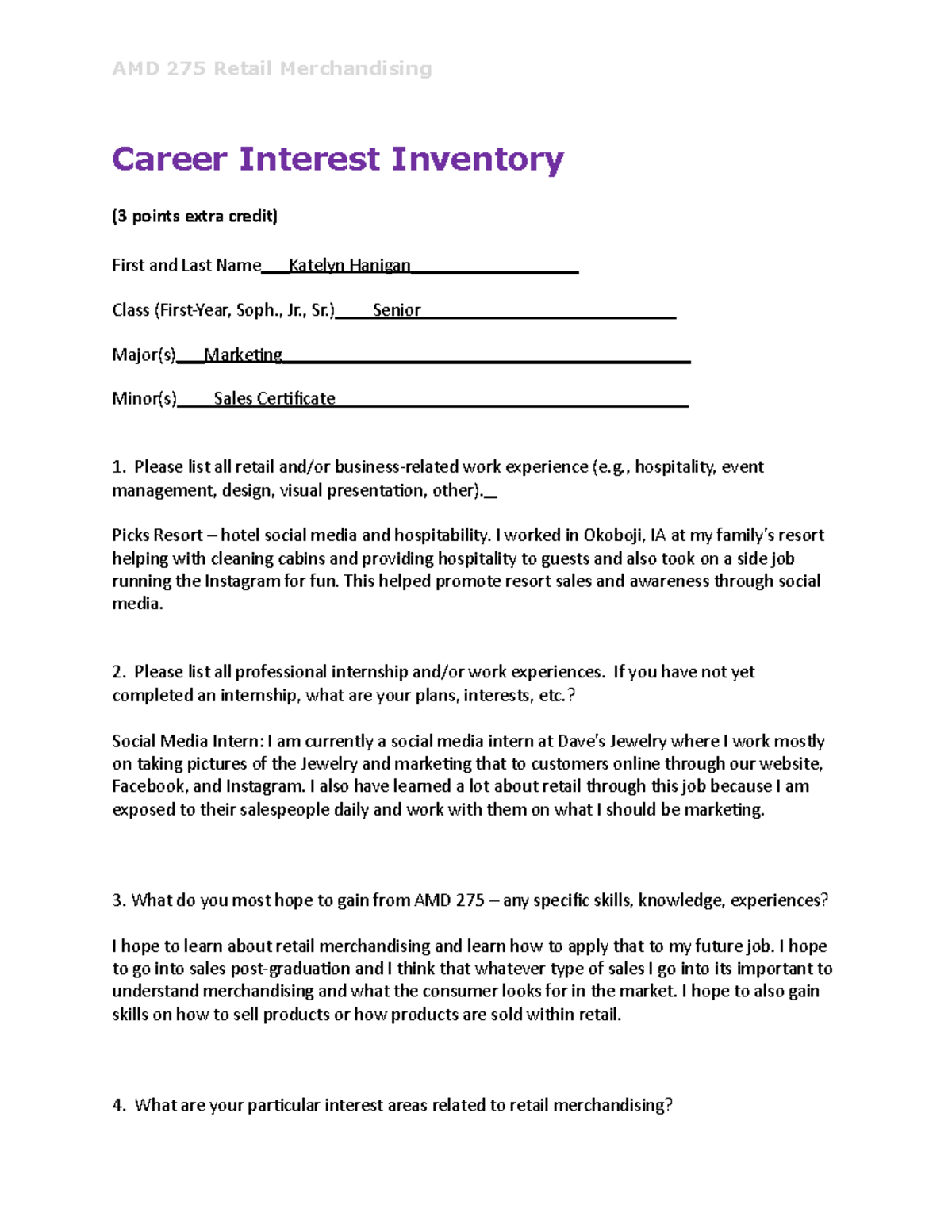 Career Interest Inventory - AMD 275 Retail Merchandising Career ...