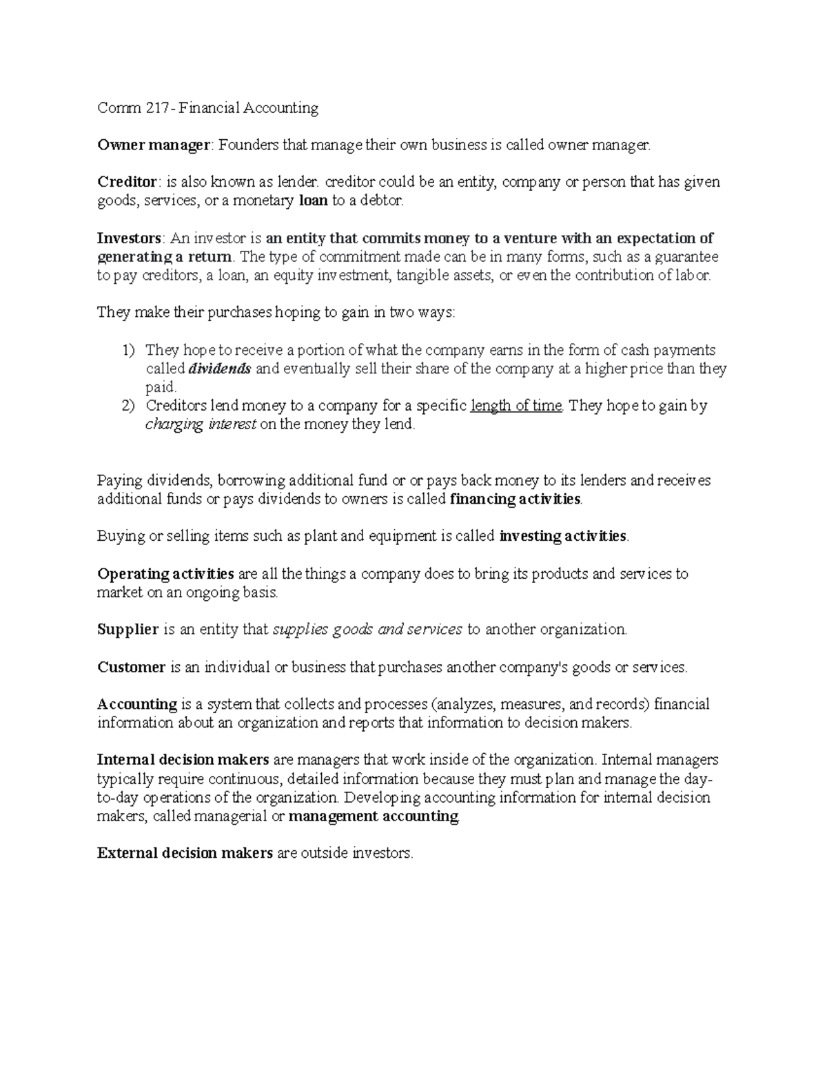 Comm 217 - Class Note - Comm 217- Financial Accounting Owner manager ...