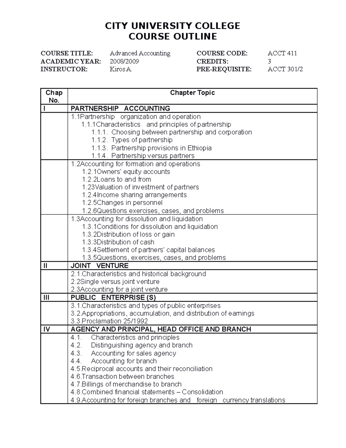 Advanced Accounting C-outline - CITY UNIVERSITY COLLEGE COURSE OUTLINE ...
