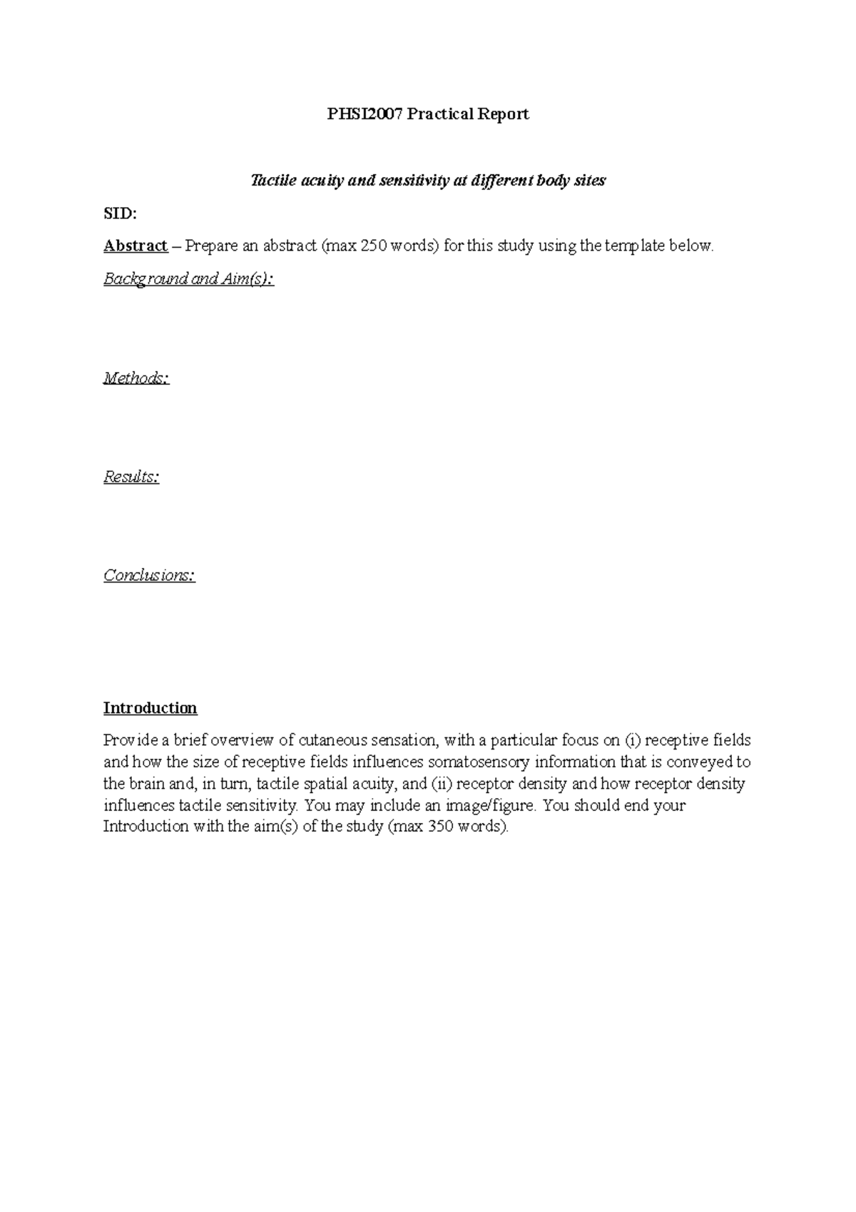 PHSI2007 Prac report template-1 - PHSI2007 Practical Report Tactile ...