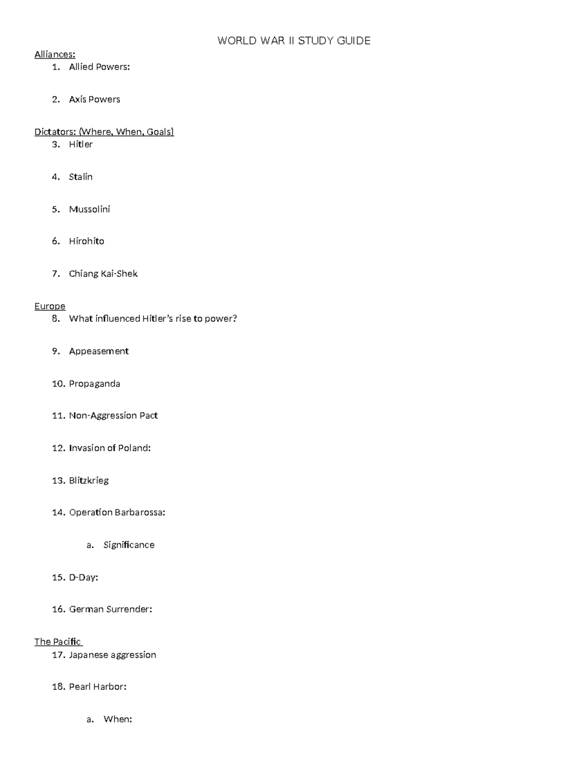 00 WWII Study Guide - jwsnhjhexh h - WORLD WAR II STUDY GUIDE Alliances ...